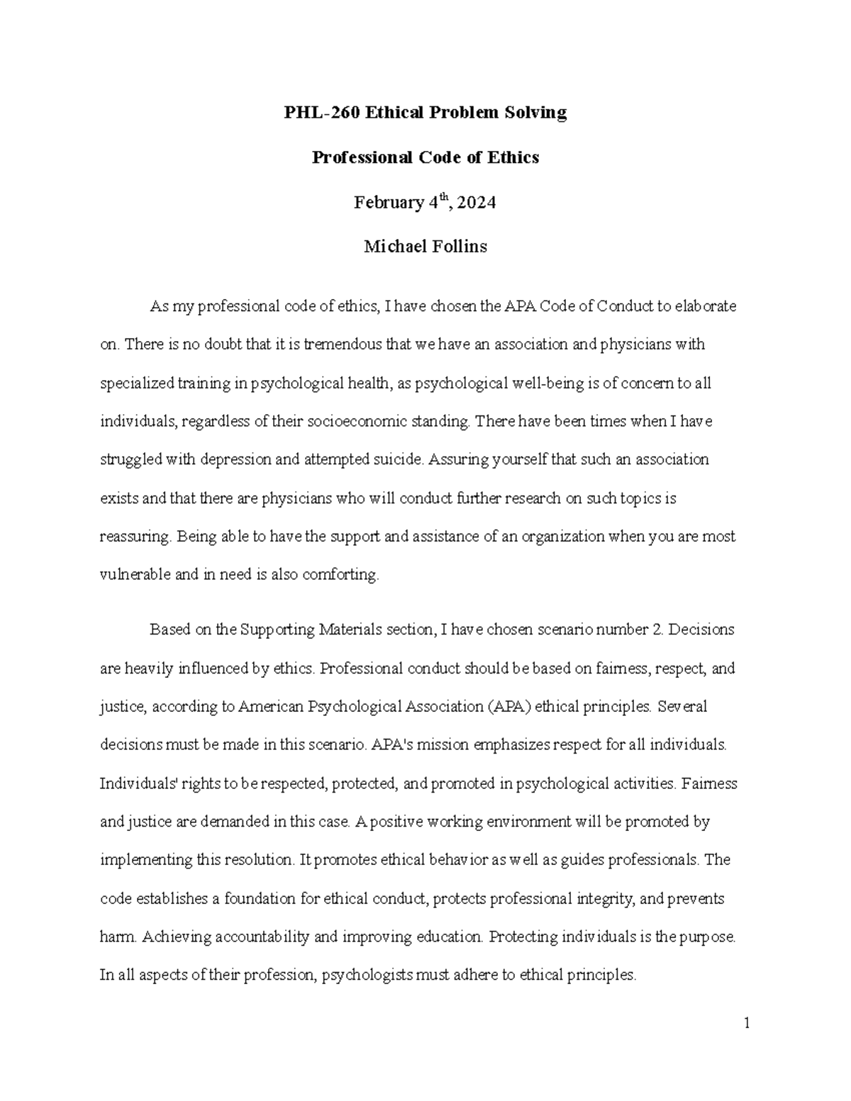 Professional Code of Ethics - PHL-260 Ethical Problem Solving ...