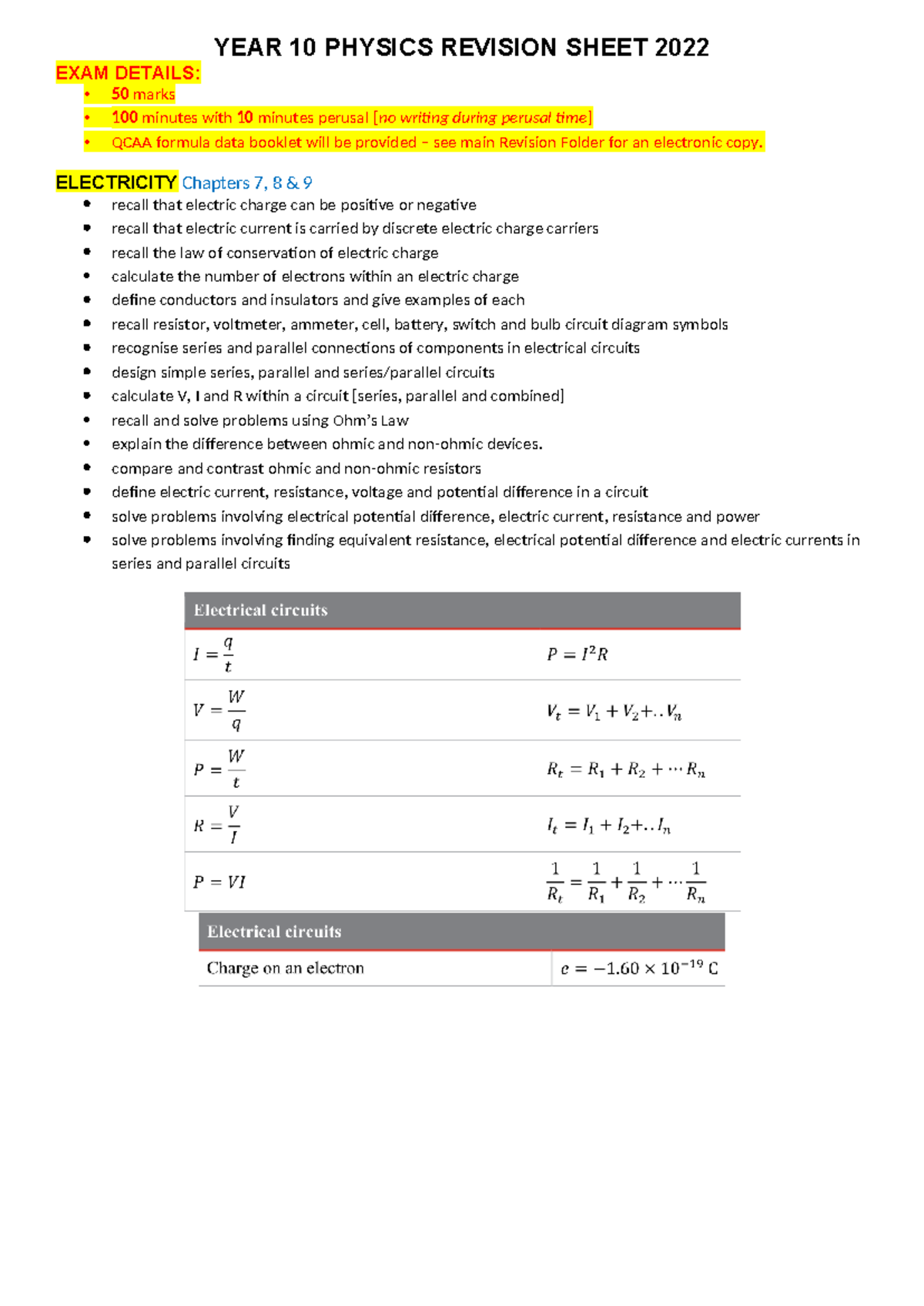 Topics Covered for Exam - YEAR 10 PHYSICS REVISION SHEET 2022 EXAM ...