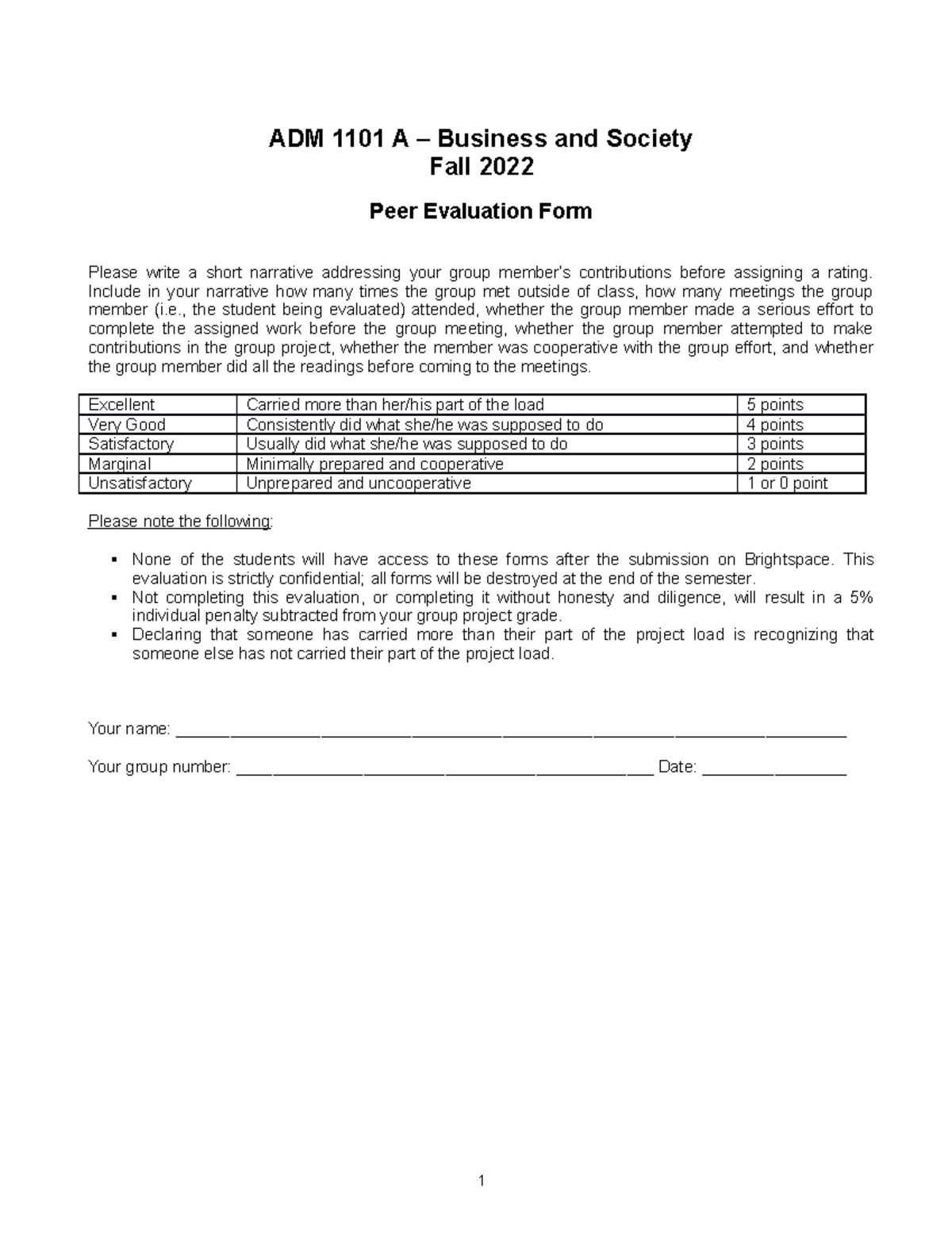 ADM1101 - F22 - Peer Evaluation Form - ADM 1101 A – Business and ...