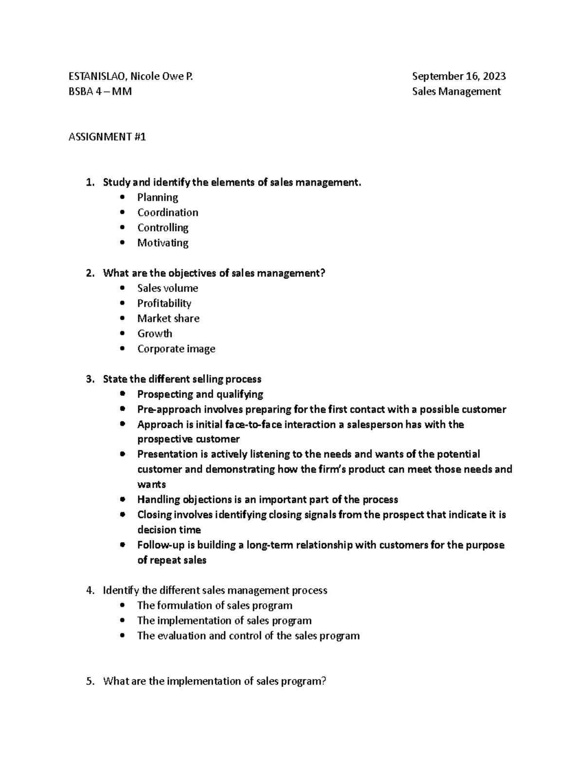 Estanislao, Nicole Owe P. (Sales Management Assignment 1) - ESTANISLAO ...