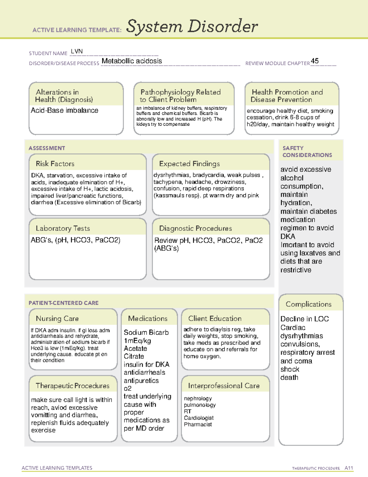 System Disorder Metabolic Acidosis ACTIVE LEARNING TEMPLATES