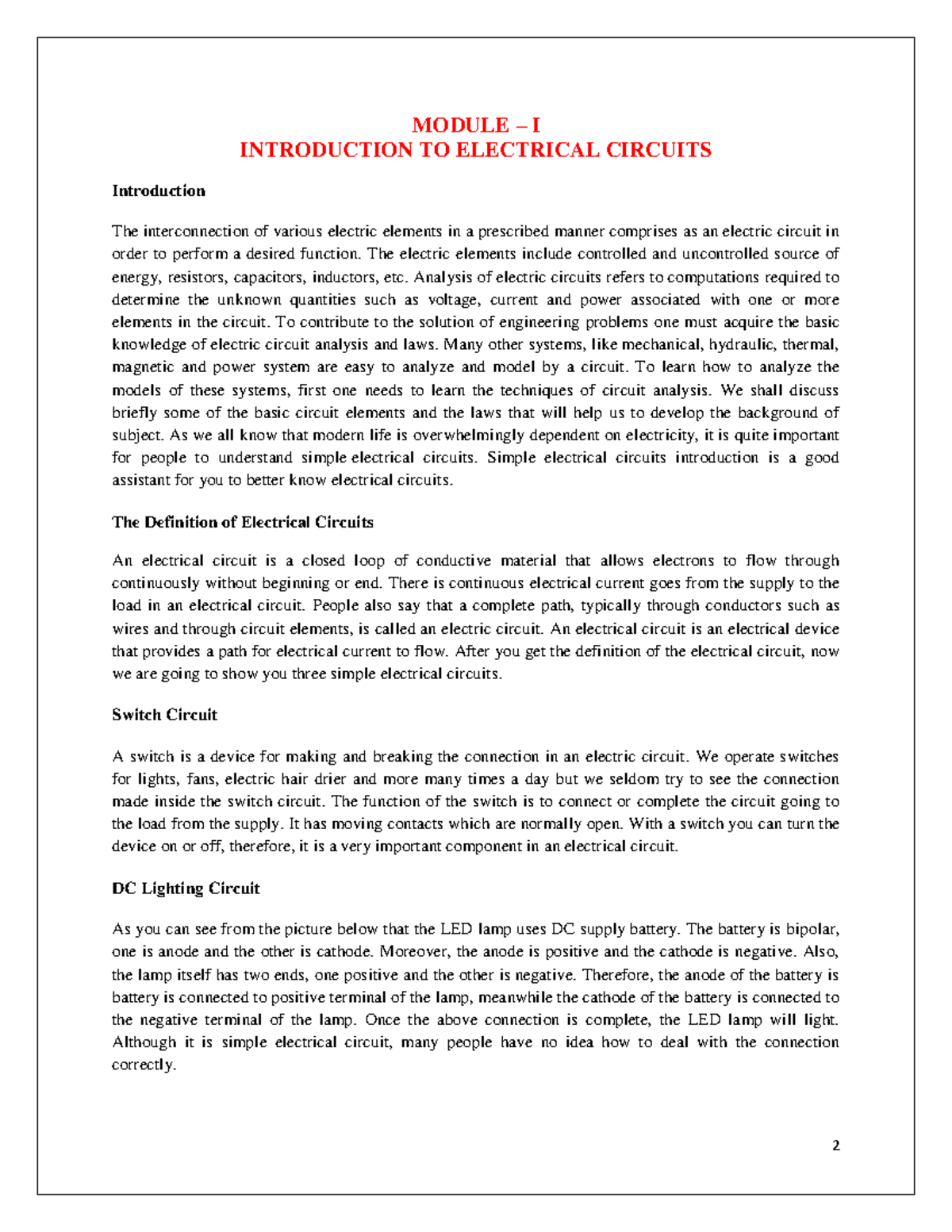 Electrical Circuits 5 Modules - MODULE – I INTRODUCTION TO ELECTRICAL ...