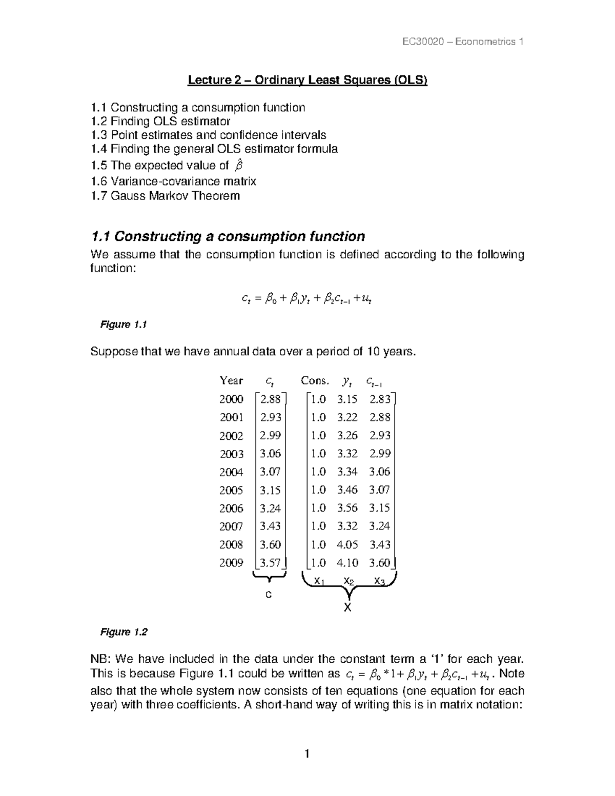 2009-2010 Lecture 2 - Ordinary Least Squares - EC30020 – Econometrics 1 Lecture 2 – Ordinary ...
