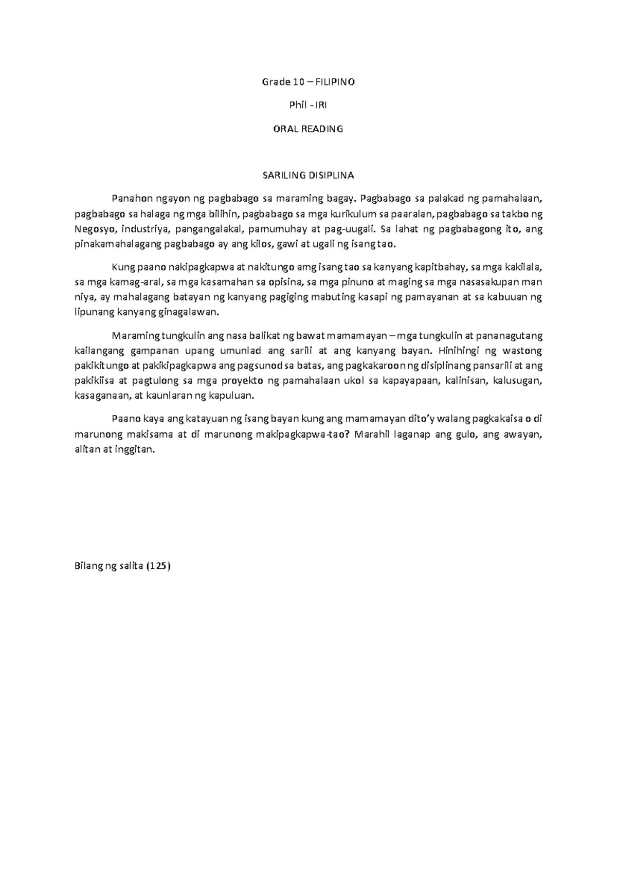 Filipino-ORAL-AND- Silent- Reading-PHIL IRI - Grade 10 – FILIPINO Phil ...