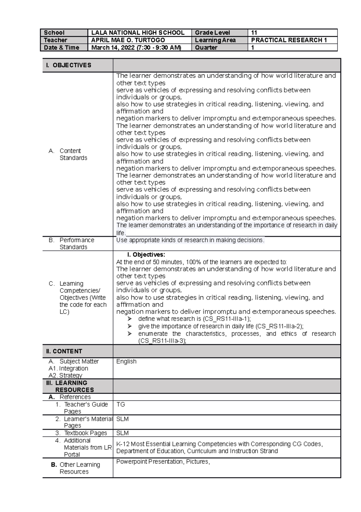Dllpr 1 - A not so detailed lesson plan. - School LALA NATIONAL HIGH ...