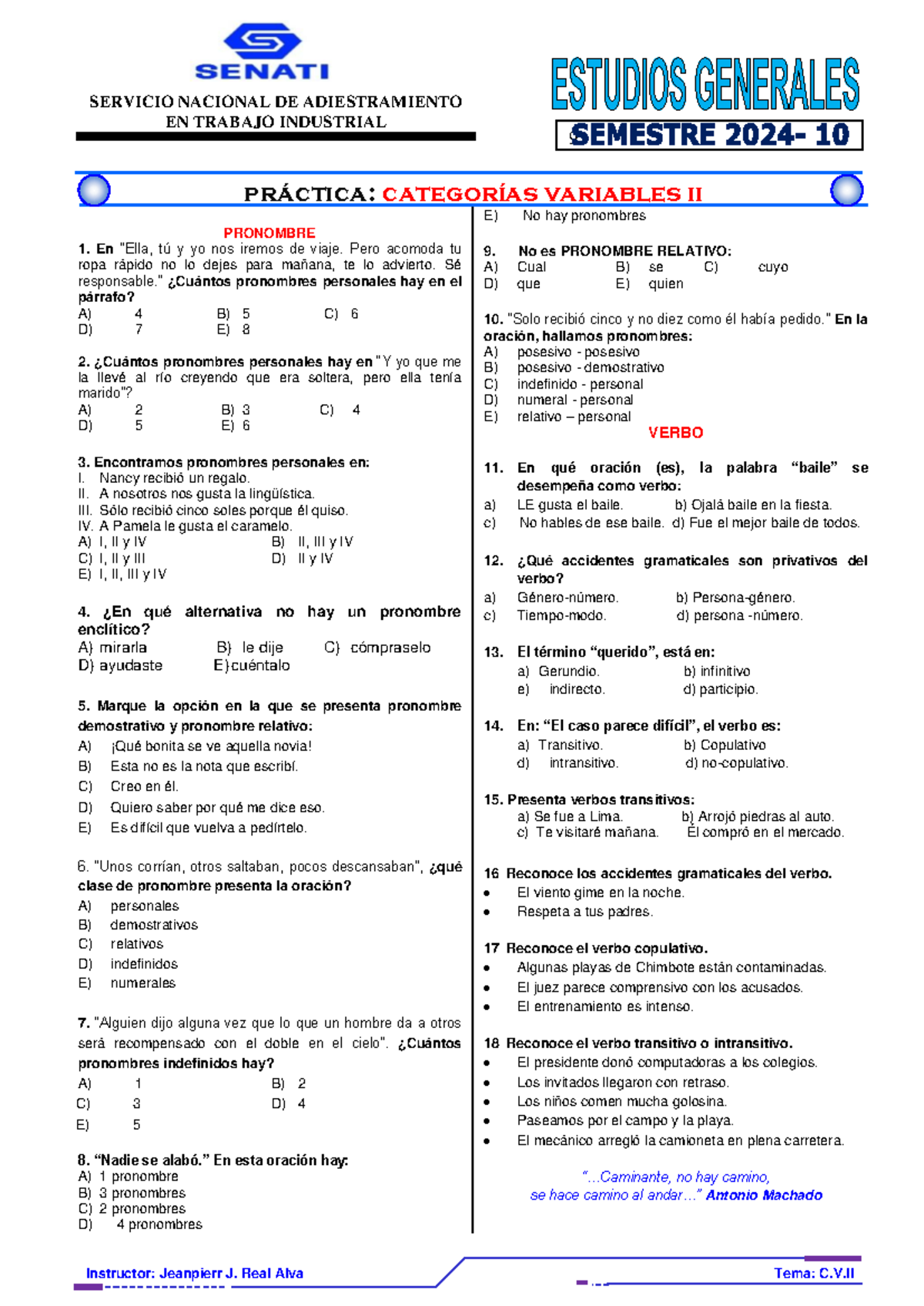 Pronombre Y Verbo 202410 Final - práctica: categorías variables ii ...