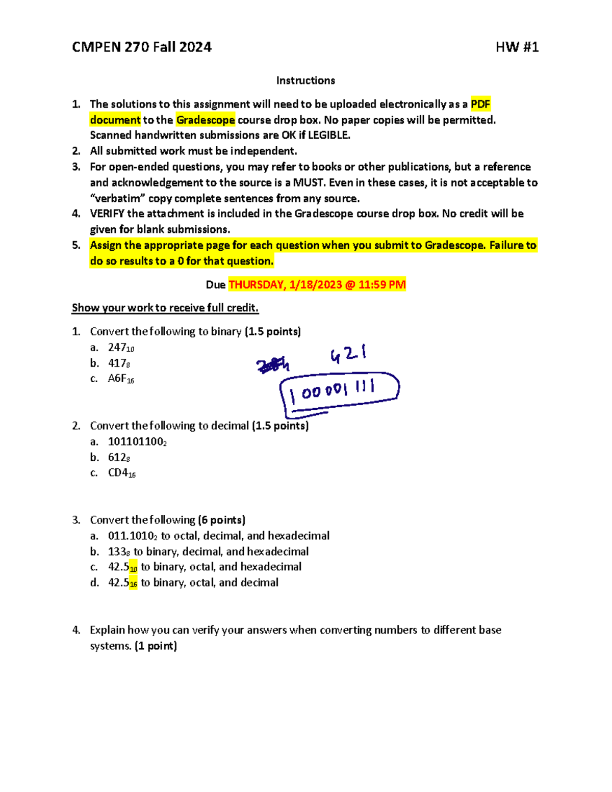 HW1 Fa24 - CMPEN 270 Fall 2024 HW Instructions 1. The solutions to this assignment will need to ...