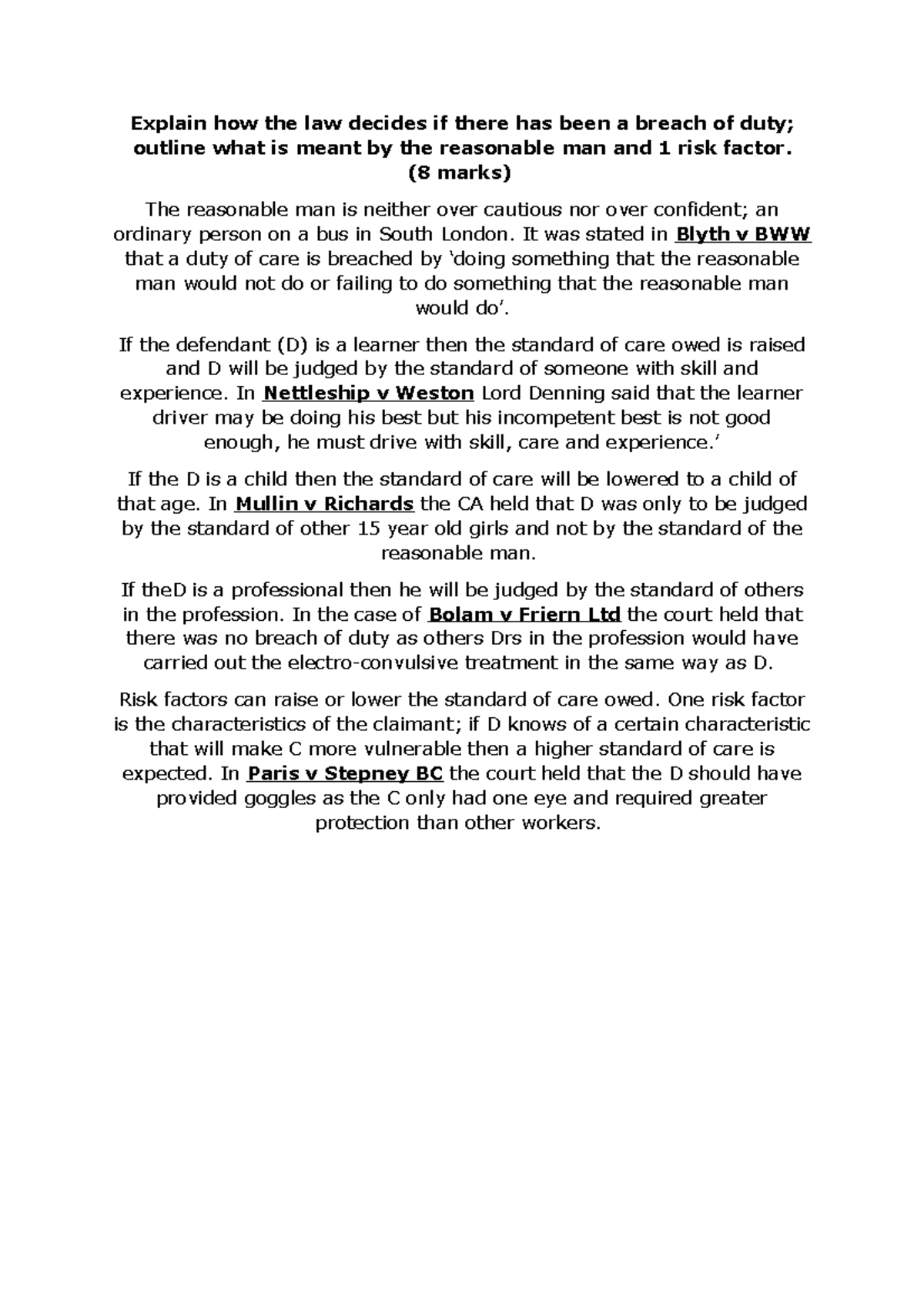 Negligence Breach of Duty - Explain how the law decides if there has ...