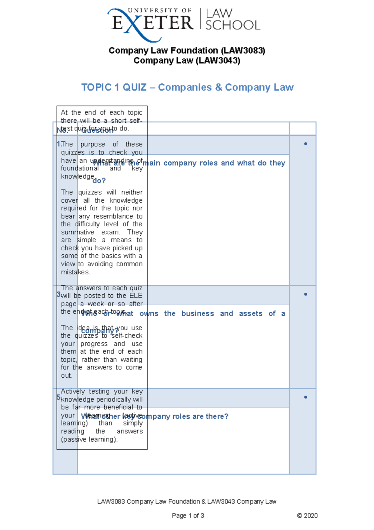 Company Law - Quiz - Topic 1 - Company Law Foundation (LAW3083) Company ...