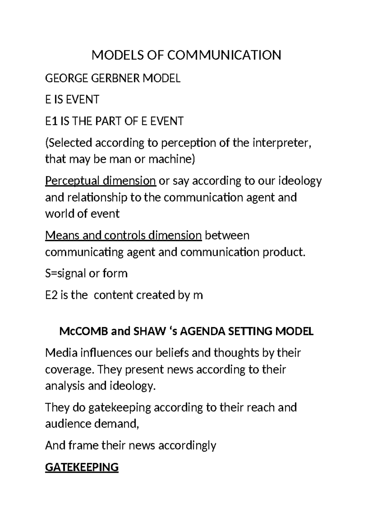 Models OF Communication - MODELS OF COMMUNICATION GEORGE GERBNER MODEL ...