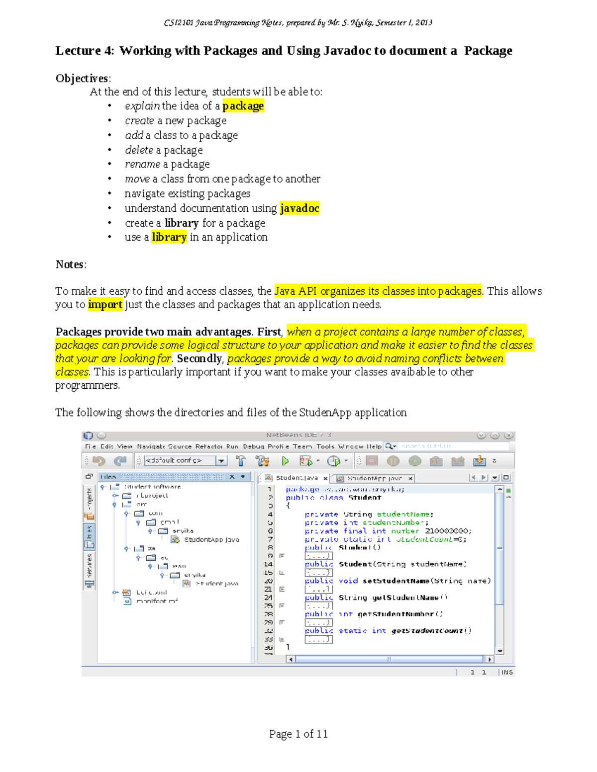 Lecture 4 Notes - Programming in Java & Networking - Lecture 4: Working ...