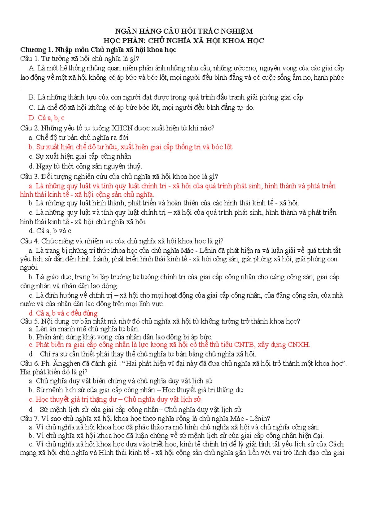 Chủ nghĩa xã hội khoa học - IB21 - NGÂN HÀNG CÂU HỎI TRẮC NGHIỆM HỌC ...