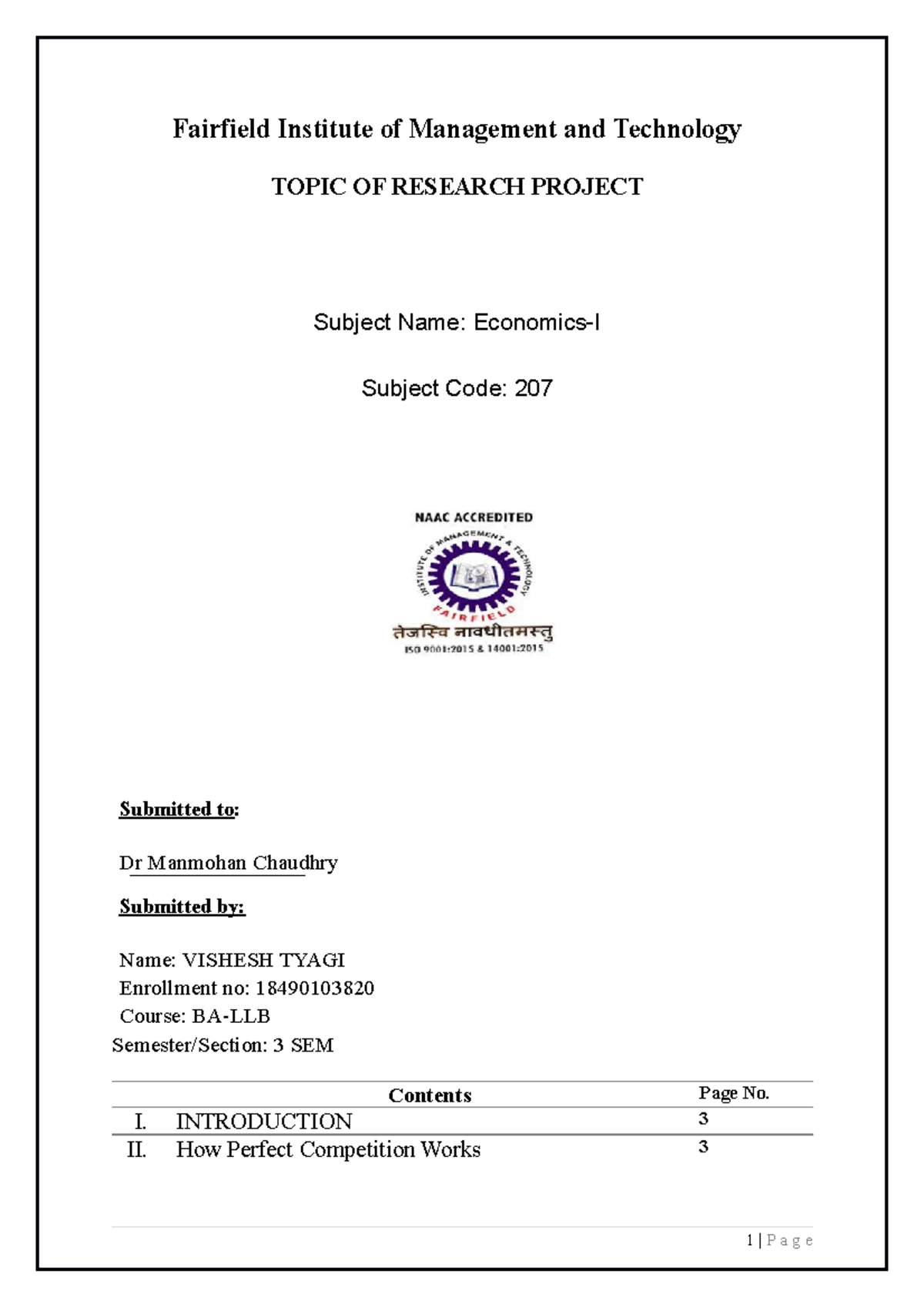 Describe perfect competition and price determination - Fairfield ...