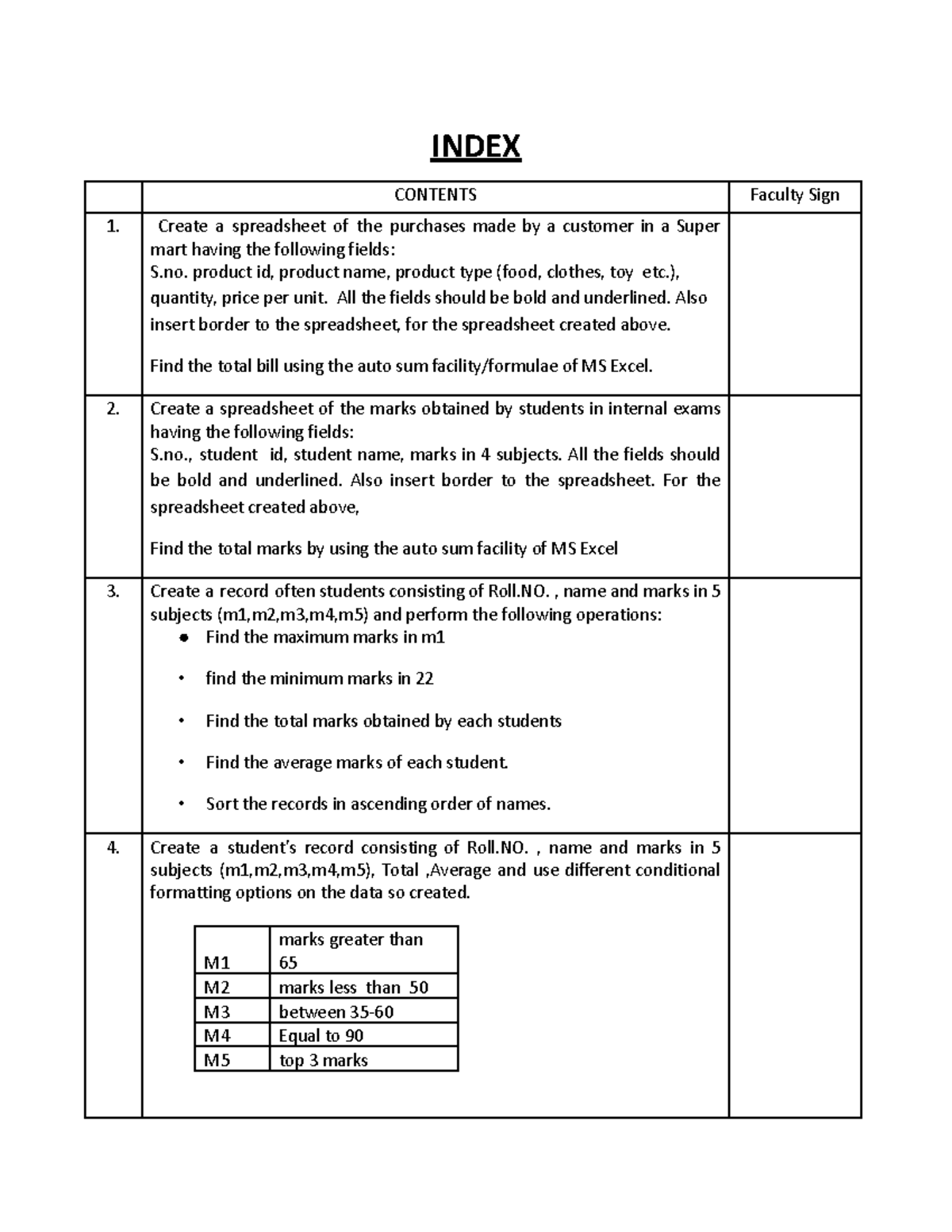 Index.docx - INDEX CONTENTS Faculty Sign Create a spreadsheet of the purchases made by a ...