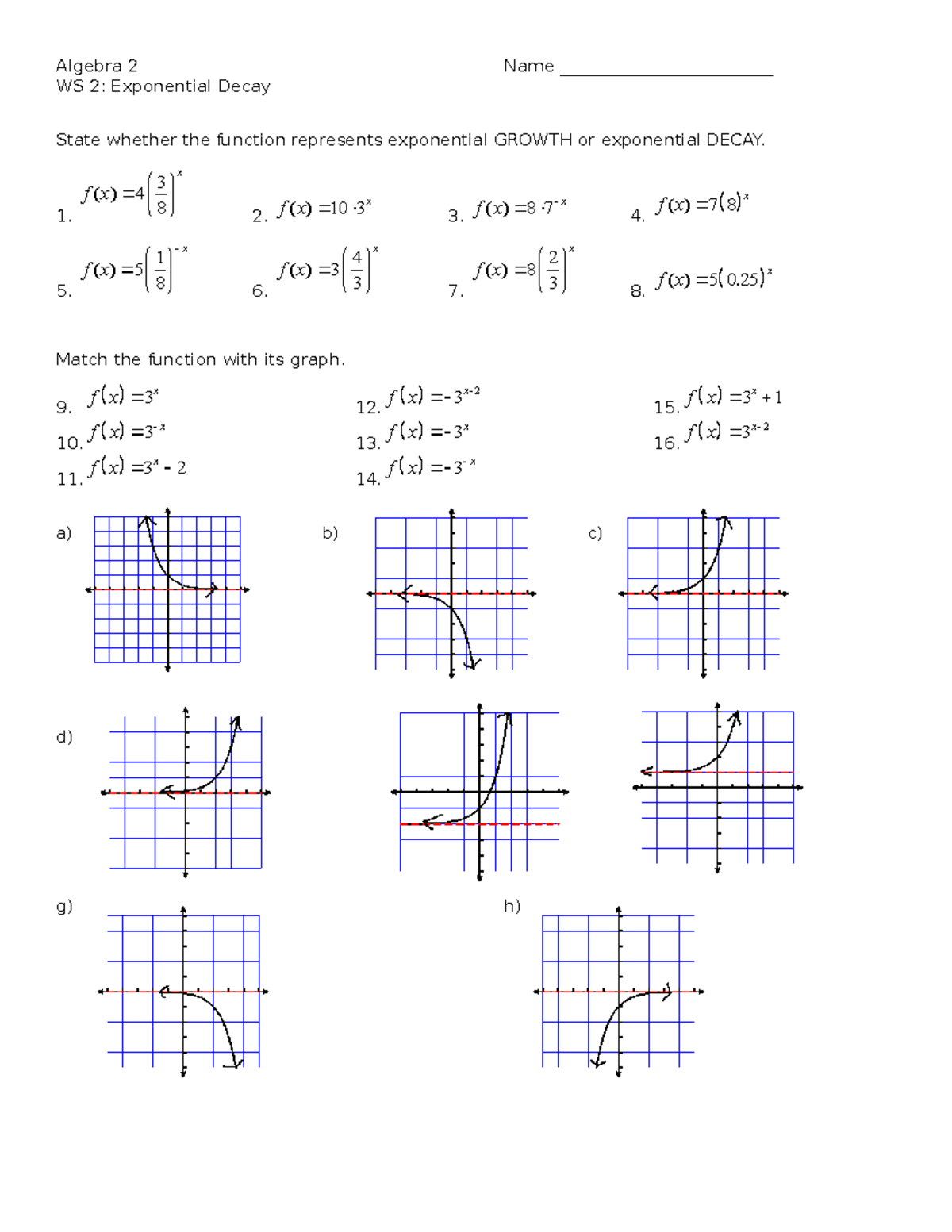 WS 2 Exponential Decay - a great worksheet - Algebra 2 Name ...