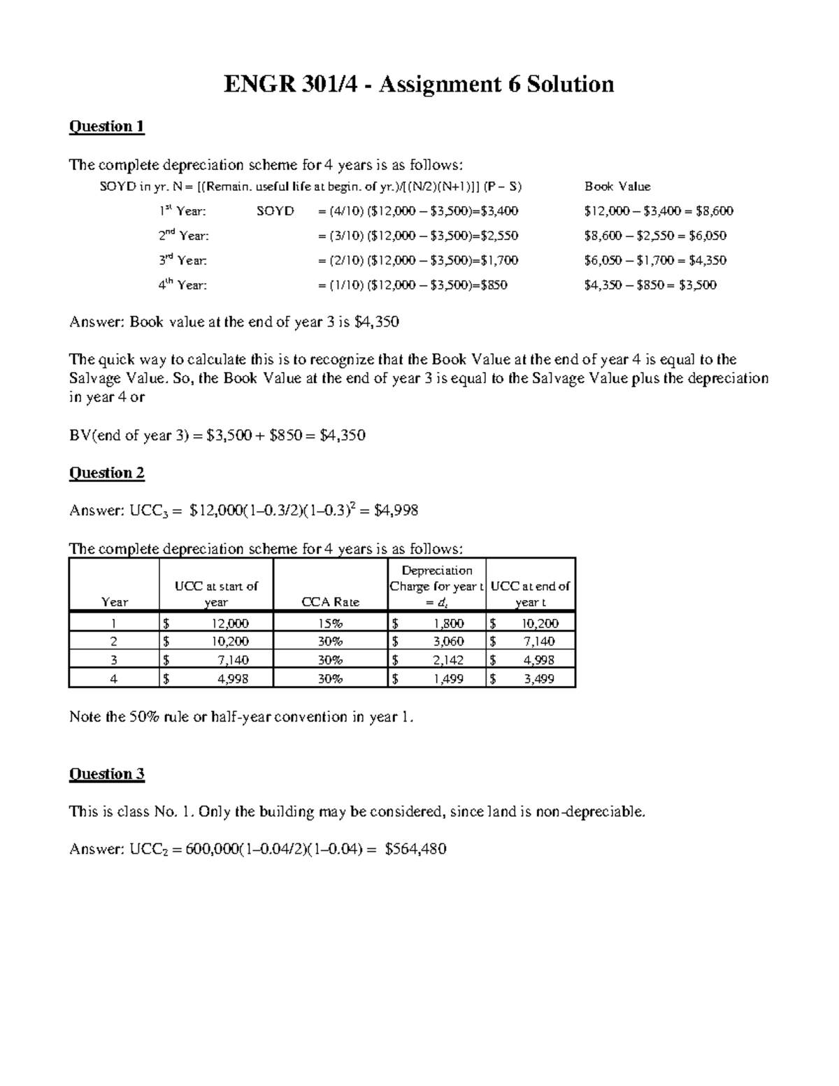 Assignment 6 Solution - ENGR 301/4 - Assignment 6 Solution Question 1 The complete depreciation ...