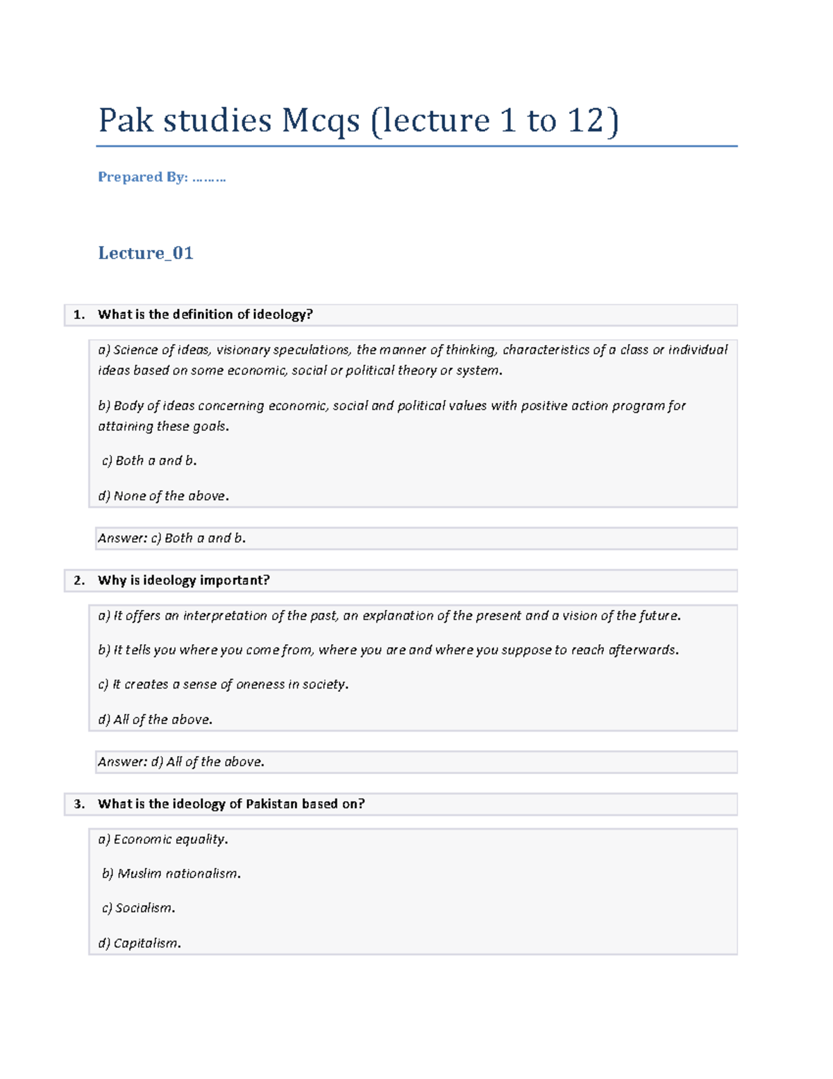 Pak studies Mcqs(lect 01 to 12) - Pak studies Mcqs (lecture 1 to 12 ...