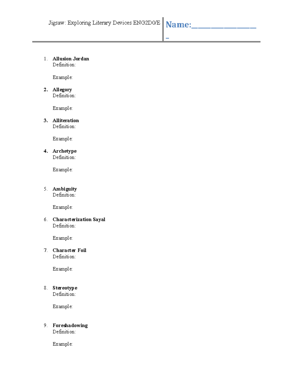 Literary device jigsaw blank-2 - Name:____________________ _ 1 ...