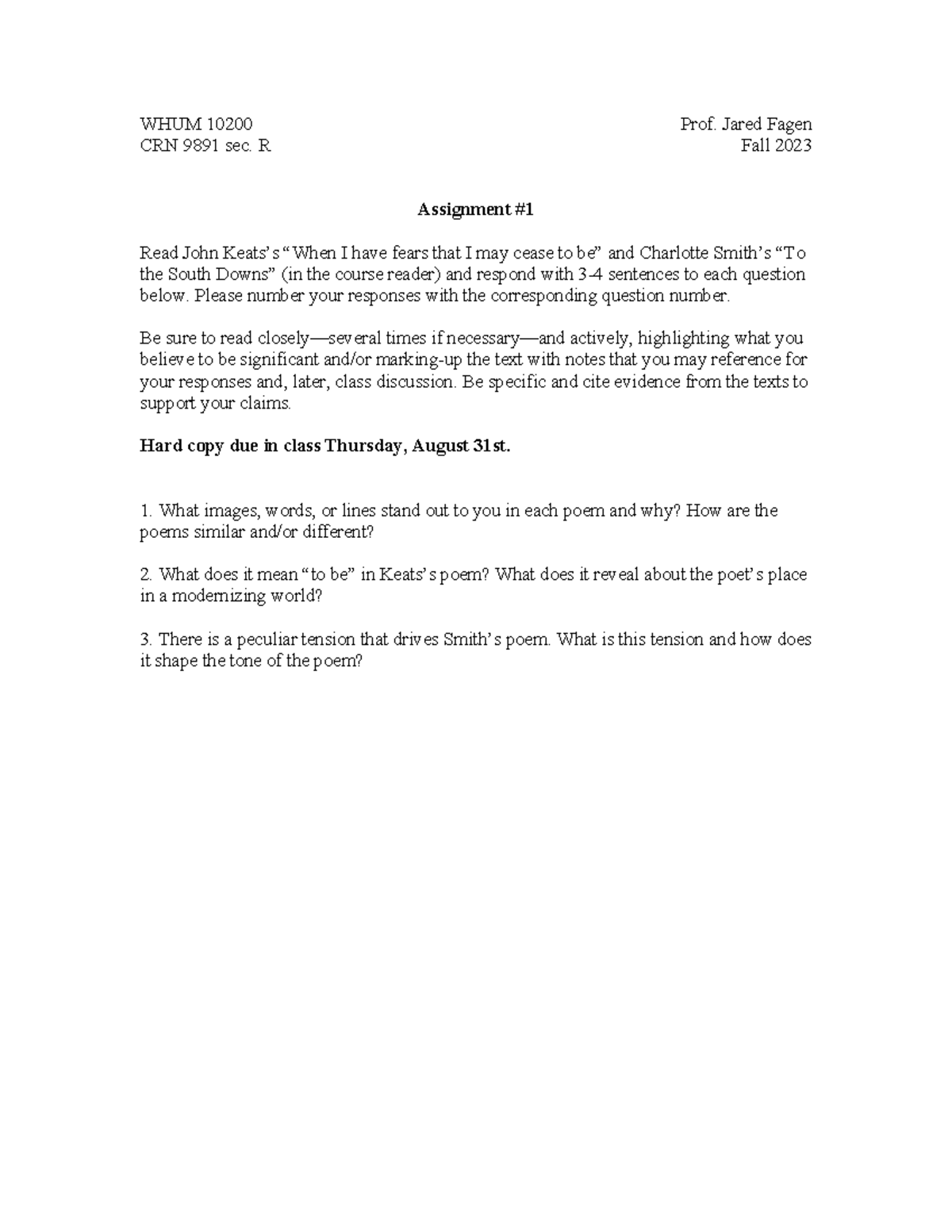 Assignment 1 - WHUM 10200 CRN 9891 sec. R Prof. Jared Fagen Fall 2023 ...