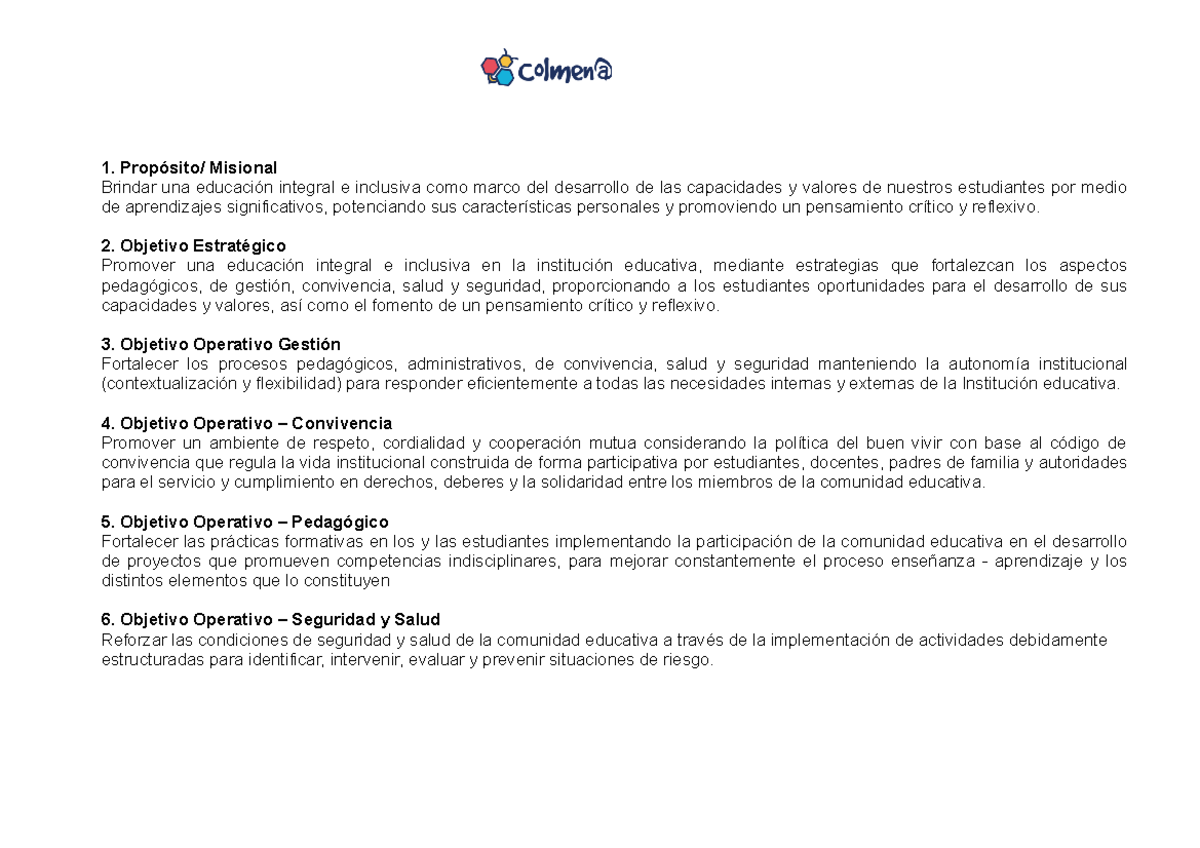 3. Ejemplo 1 de Propósito misional, Obj. Estratégico, Ob. Operat ...