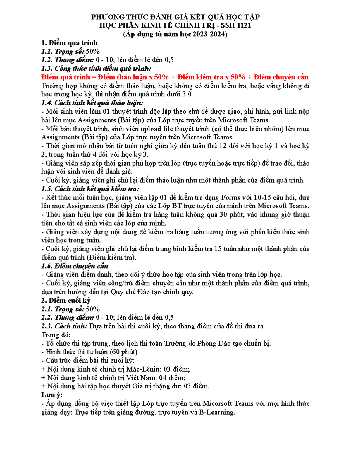 SSH 1121 - Danh gia ket qua hoc tap 2023-2024 - PHƯƠNG THỨC ĐÁNH GIÁ KẾT QUẢ HỌC TẬP HỌC PHẦN ...