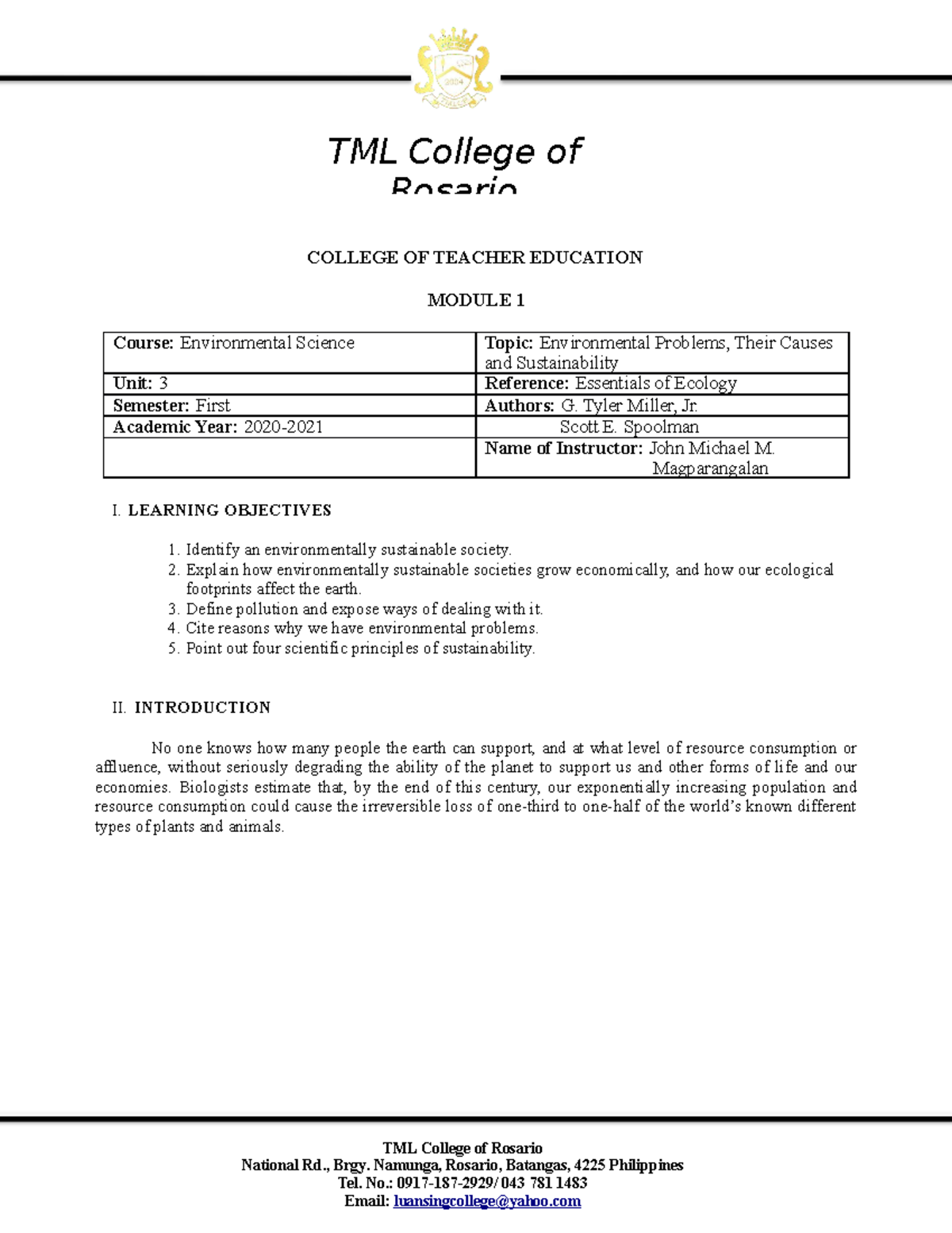 Module 1 ES - Environmental Science - Rosario TML College of Rosario ...