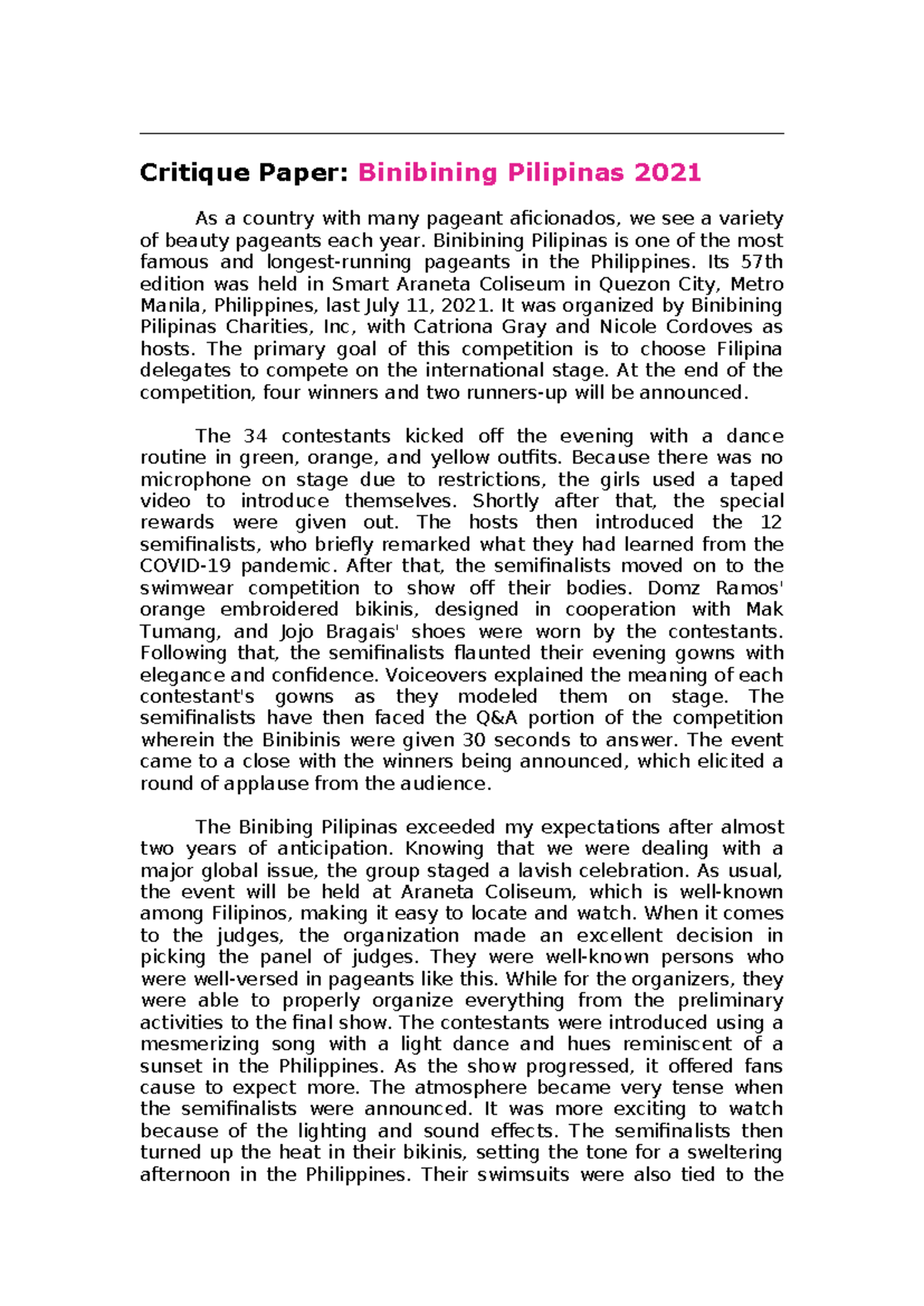 Critique Paper - Binibining Pilipinas is one of the most famous and ...