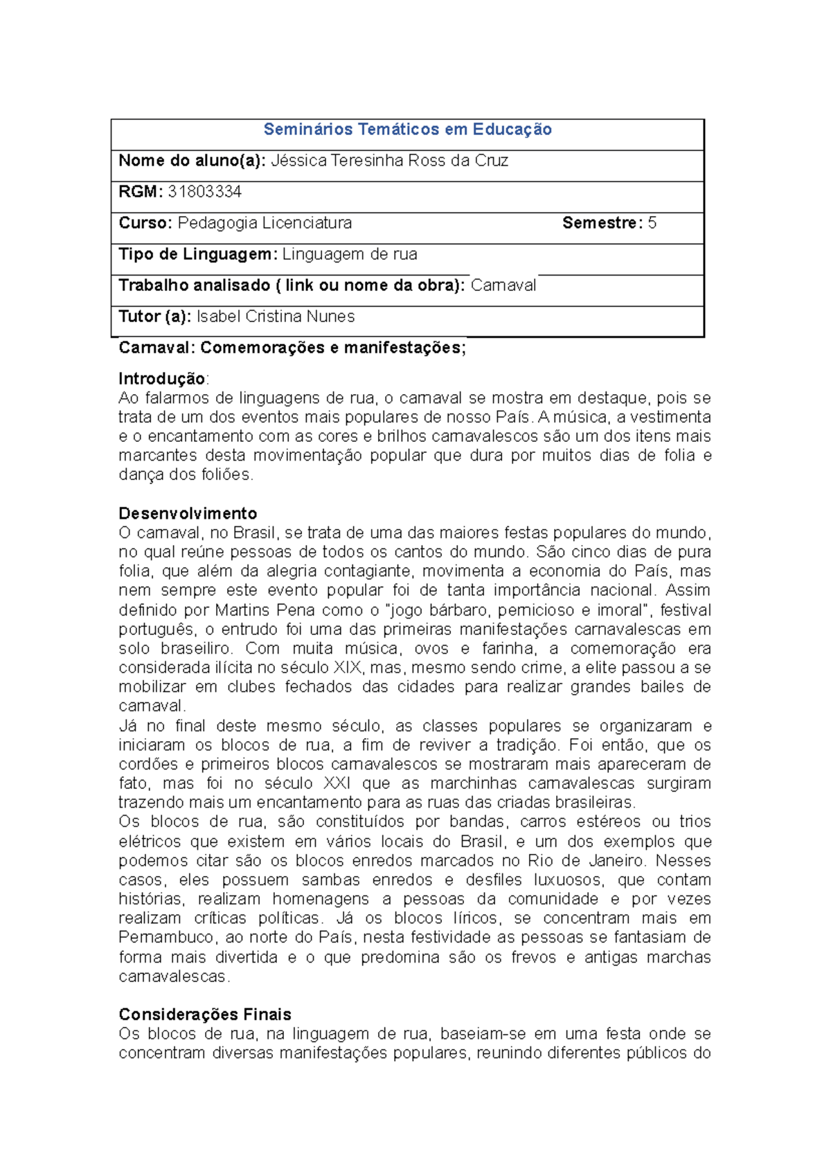 Seminário de educação Faculdade - Seminários Temáticos em Educação Nome ...