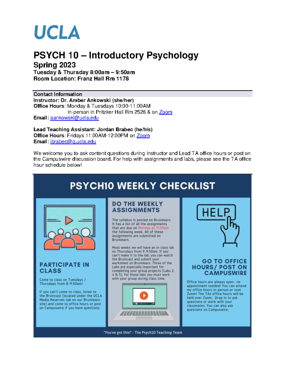 Syllabus Psych 10 Spring 2023 Ankowski PDF-3 - PSYCH 10 – Introductory ...