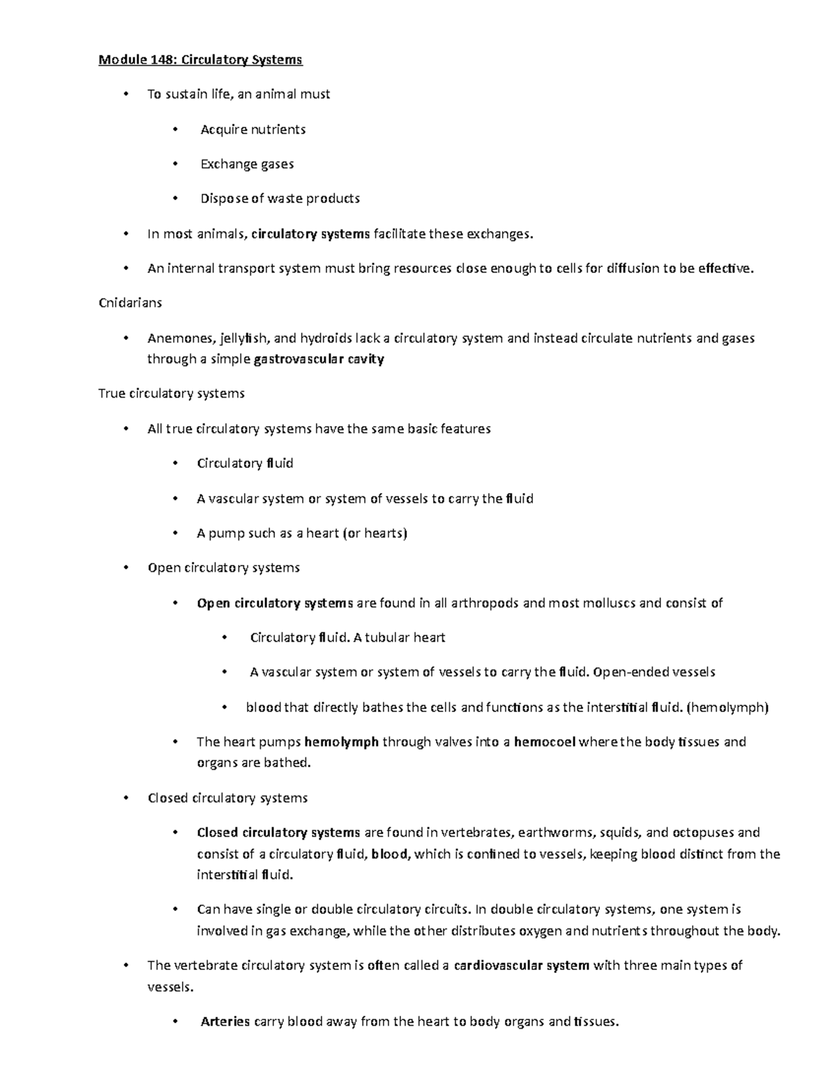 Bio 1407 Modules 148, 150, 151, 152 - Module 148: Circulatory Systems ...