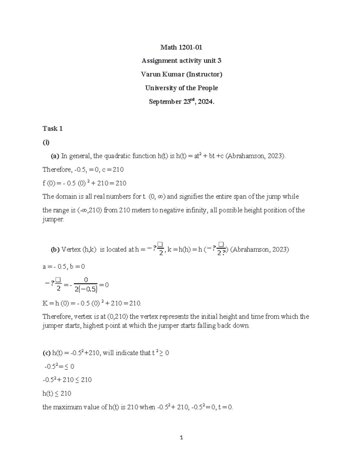 Assignment UNIT 3 alg final - Math 1201- Assignment activity unit 3 ...