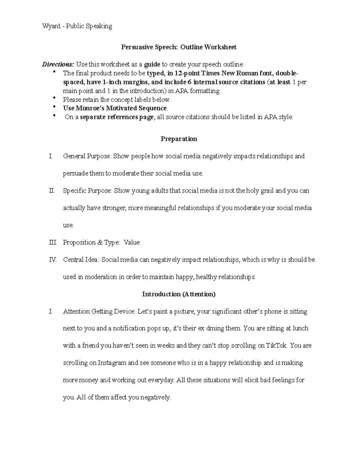 Persuasive Speech Outline Worksheet - Persuasive Speech: Outline ...
