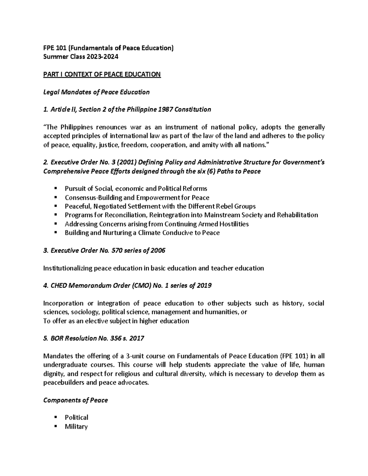 FPE 101 Handout 2024 - FPE 101 (Fundamentals of Peace Education) Summer ...