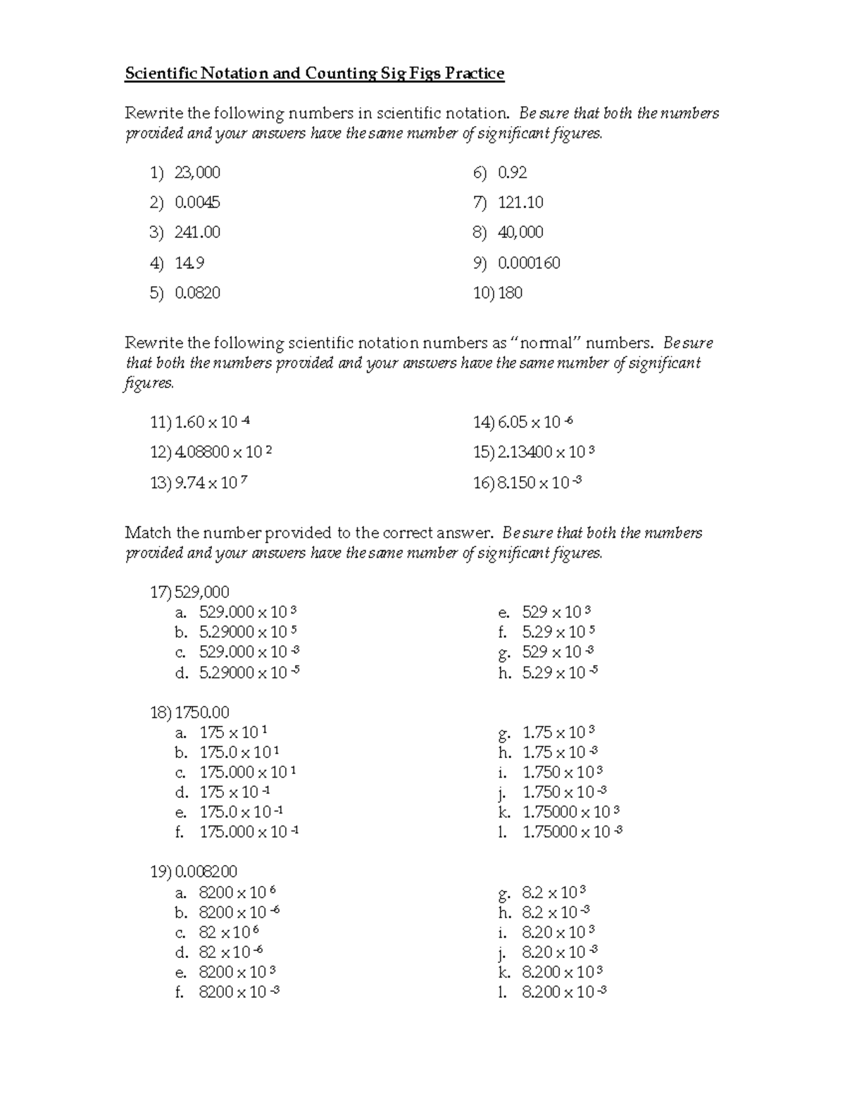 Scientific Notation and Signficant Figures Practice - Scientific ...