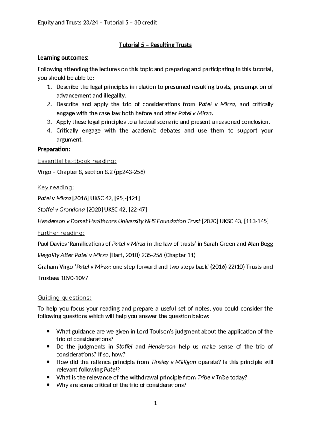 Tutorial 5 - worksheet - Tagged - Equity and Trusts 23/24 – Tutorial 5 – 30 credit Tutorial 5 ...