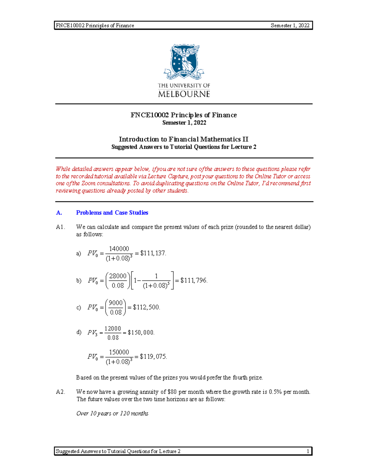 Tutorial 02 - Fin Math 2 - Ans - FNCE10002 Principles of Finance ...
