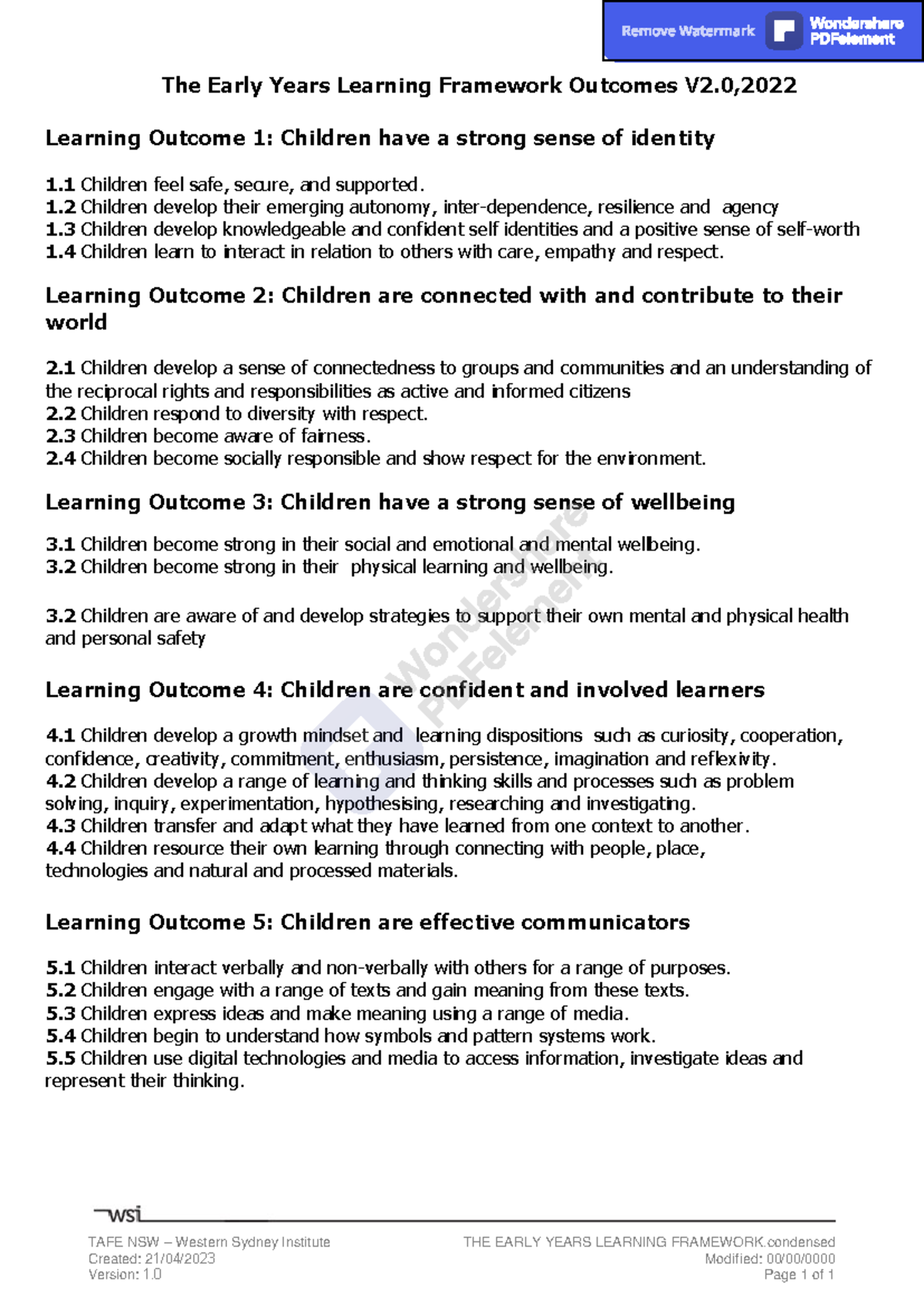 The EYLF Outcomes - TAFE NSW – Western Sydney Institute Created: 2 1 /0 ...