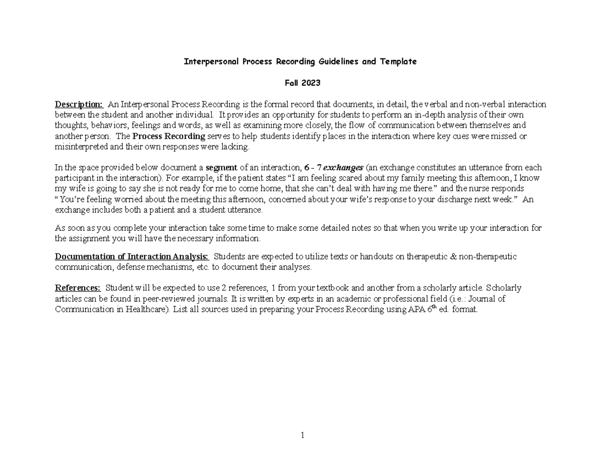 Process Recording Guidelines and Template - It provides an opportunity ...