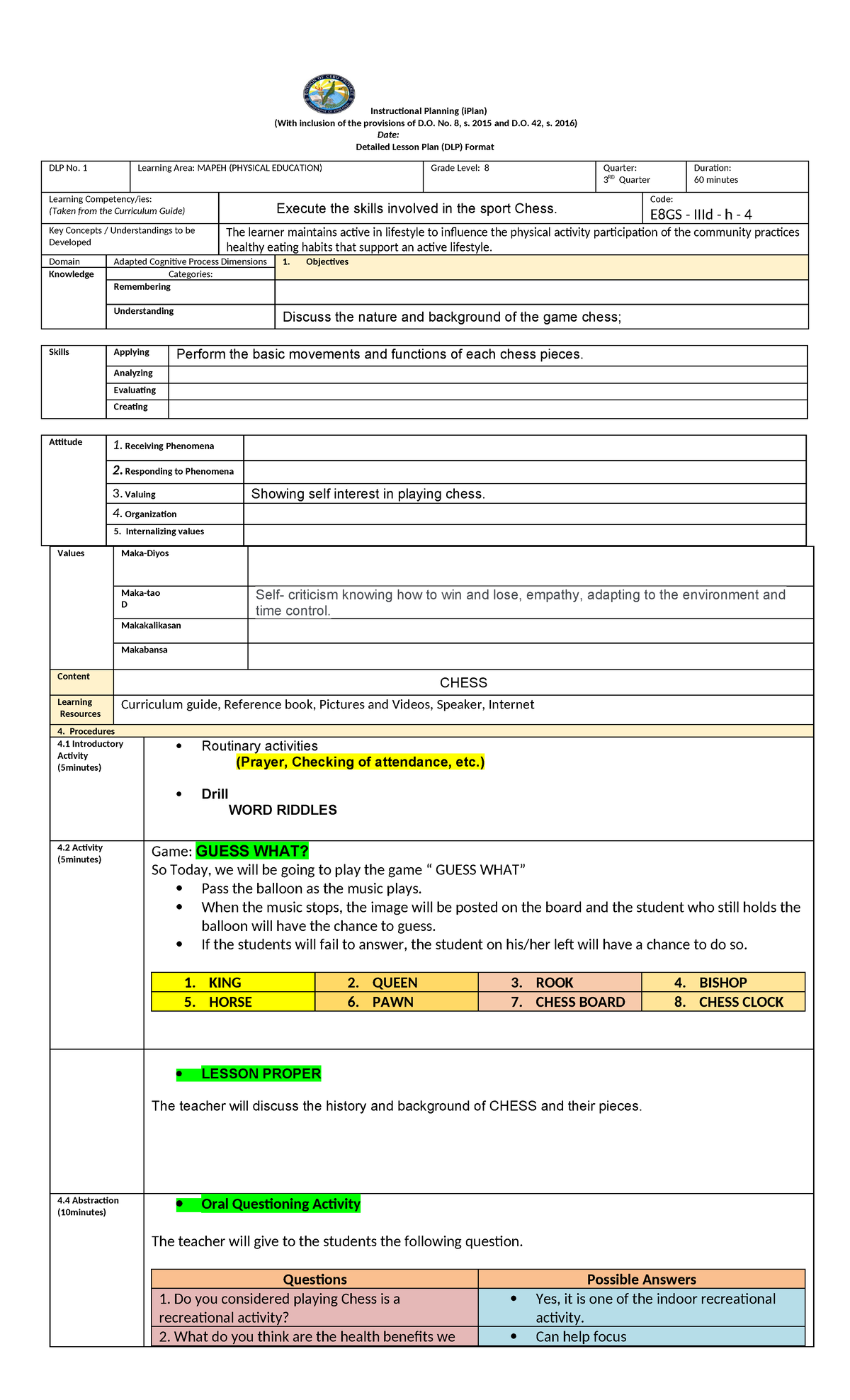 Lesson PLAN - n/a - Instructional Planning (iPlan) (With inclusion of ...