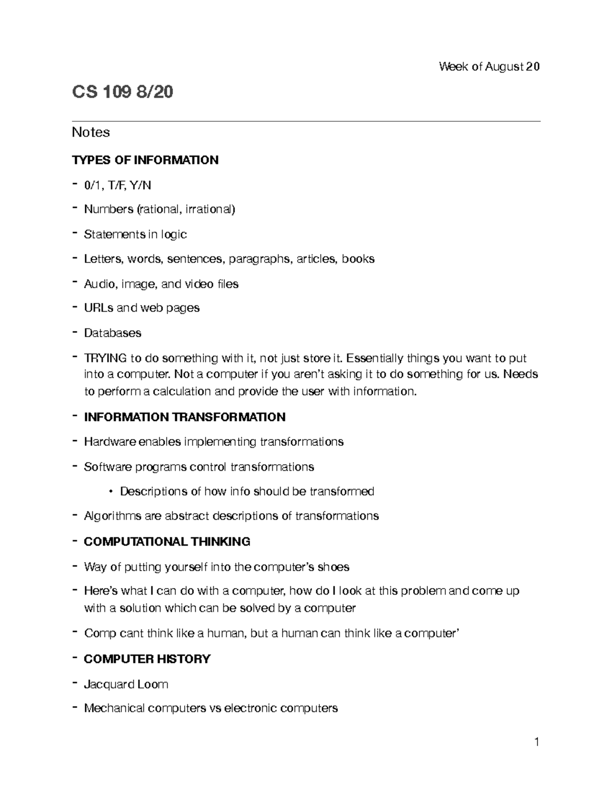 Week of 8/20 Lecture Notes - Week of August 20 CS 109 Notes TYPES OF ...