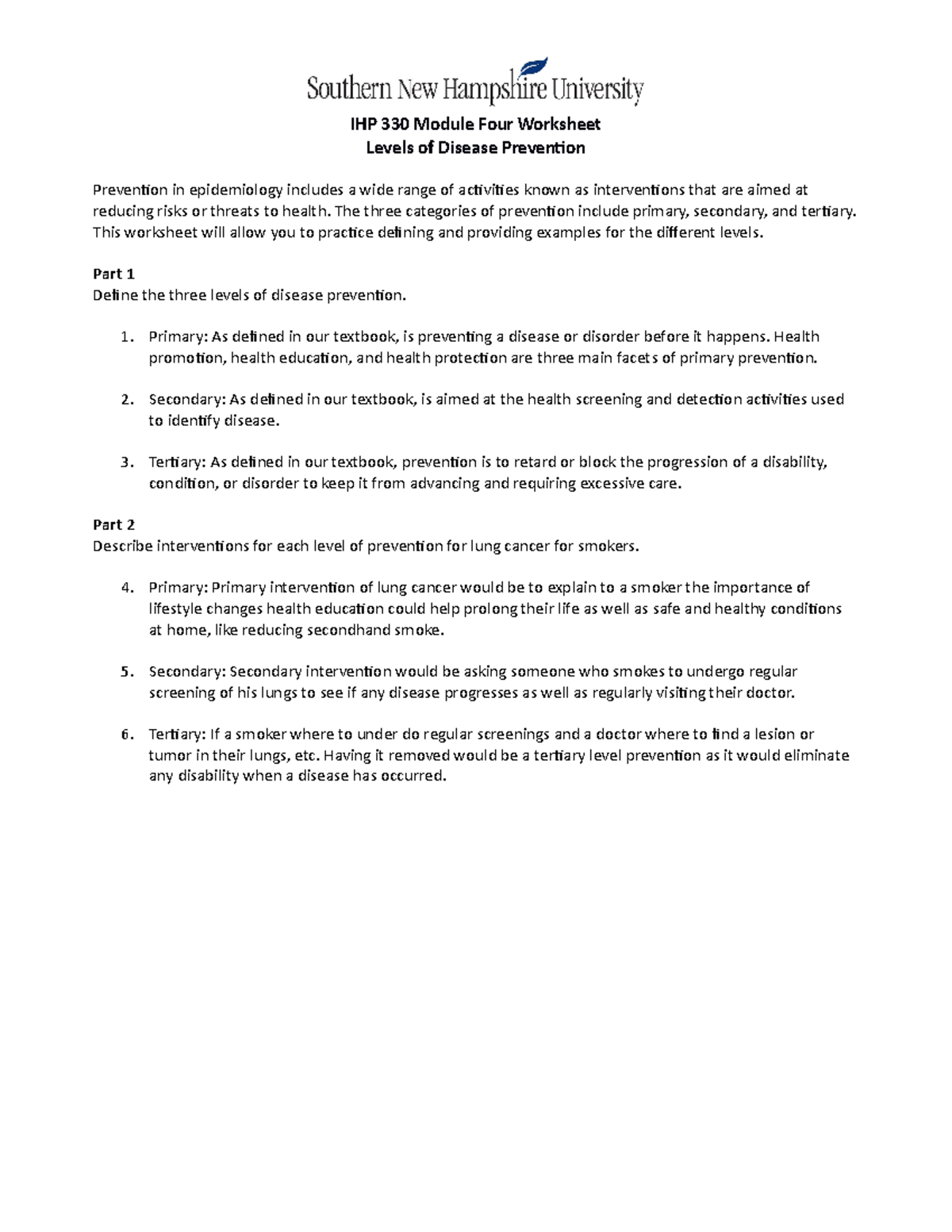 IHP 330 Module Four Worksheet - IHP 330 Module Four Worksheet Levels of ...