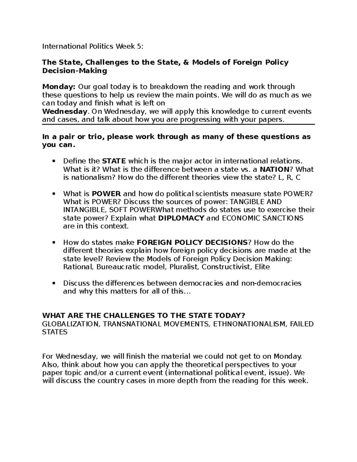 Week 5 Worksheet - Doc - International Politics Week 5: The State ...