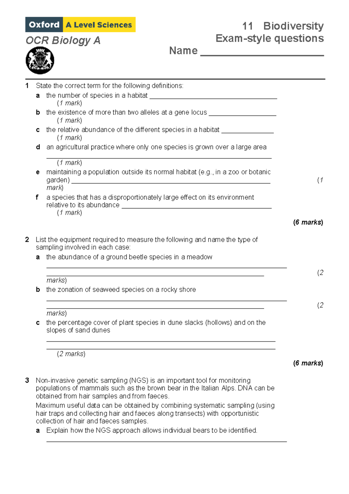 Biodiversity questions - Exam-style questions Name ...