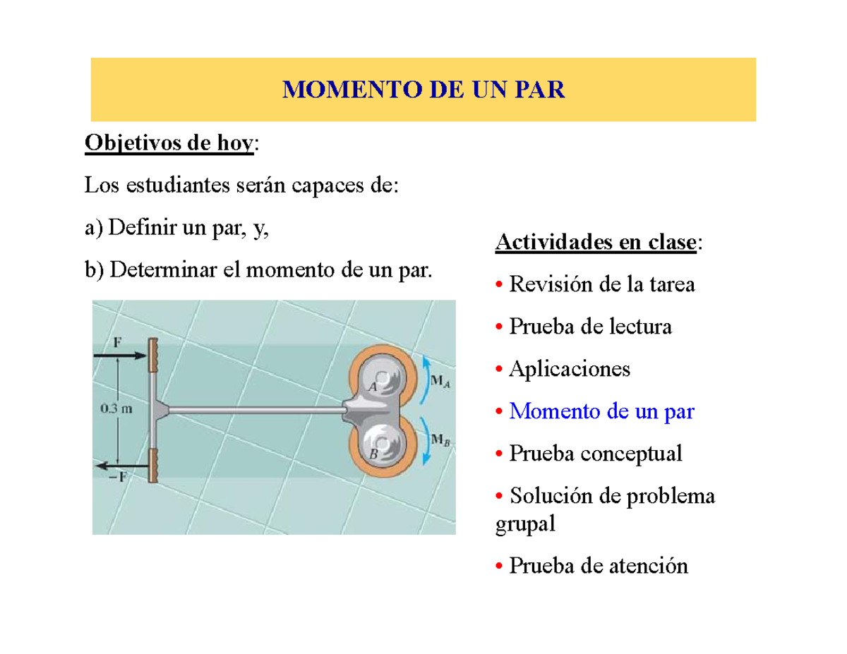 Estática - Momento de un Par - Actividades en clase: Revisión de la tarea Prueba de lectura ...