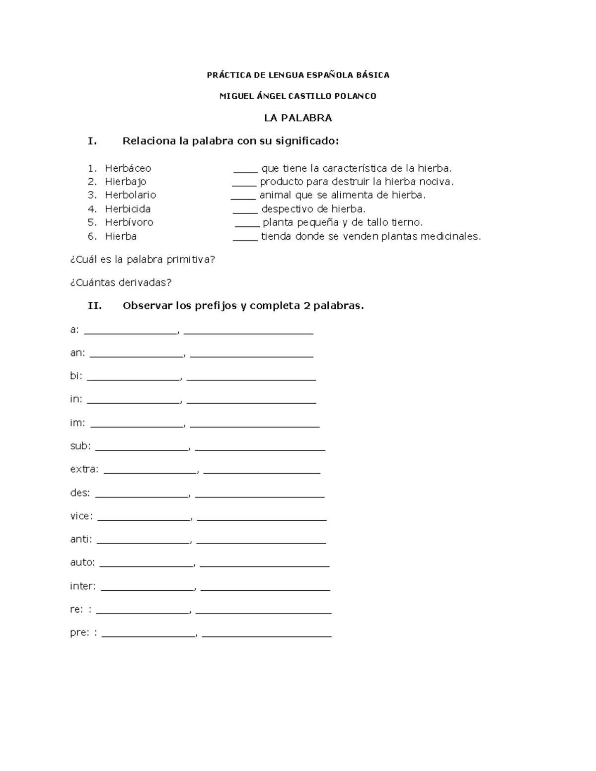 Práctica Sobre LA Palabra - PRÁCTICA DE LENGUA ESPAÑOLA BÁSICA MIGUEL ...