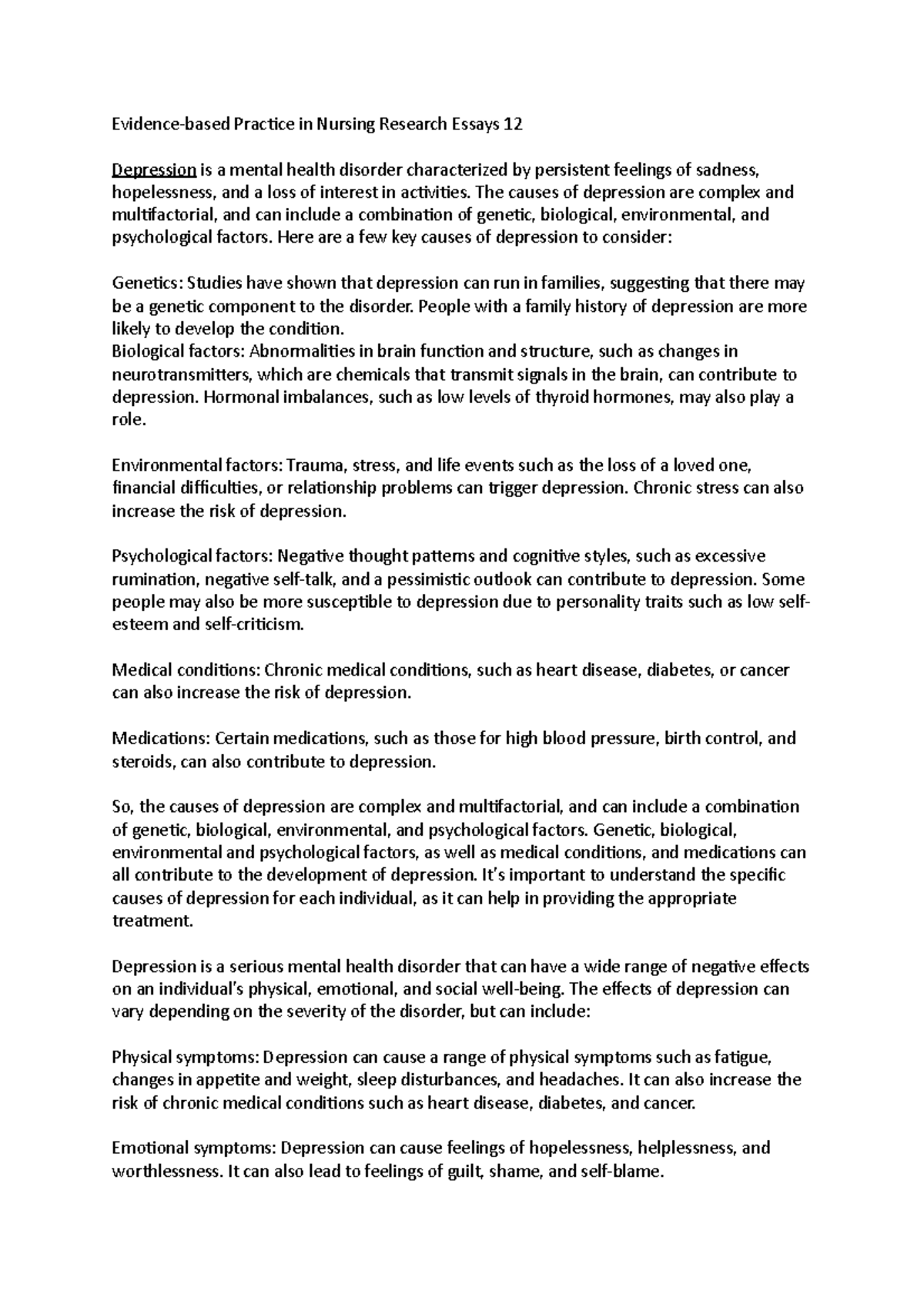 Evidence-based Practice in Nursing Research Essays on Depression - The ...