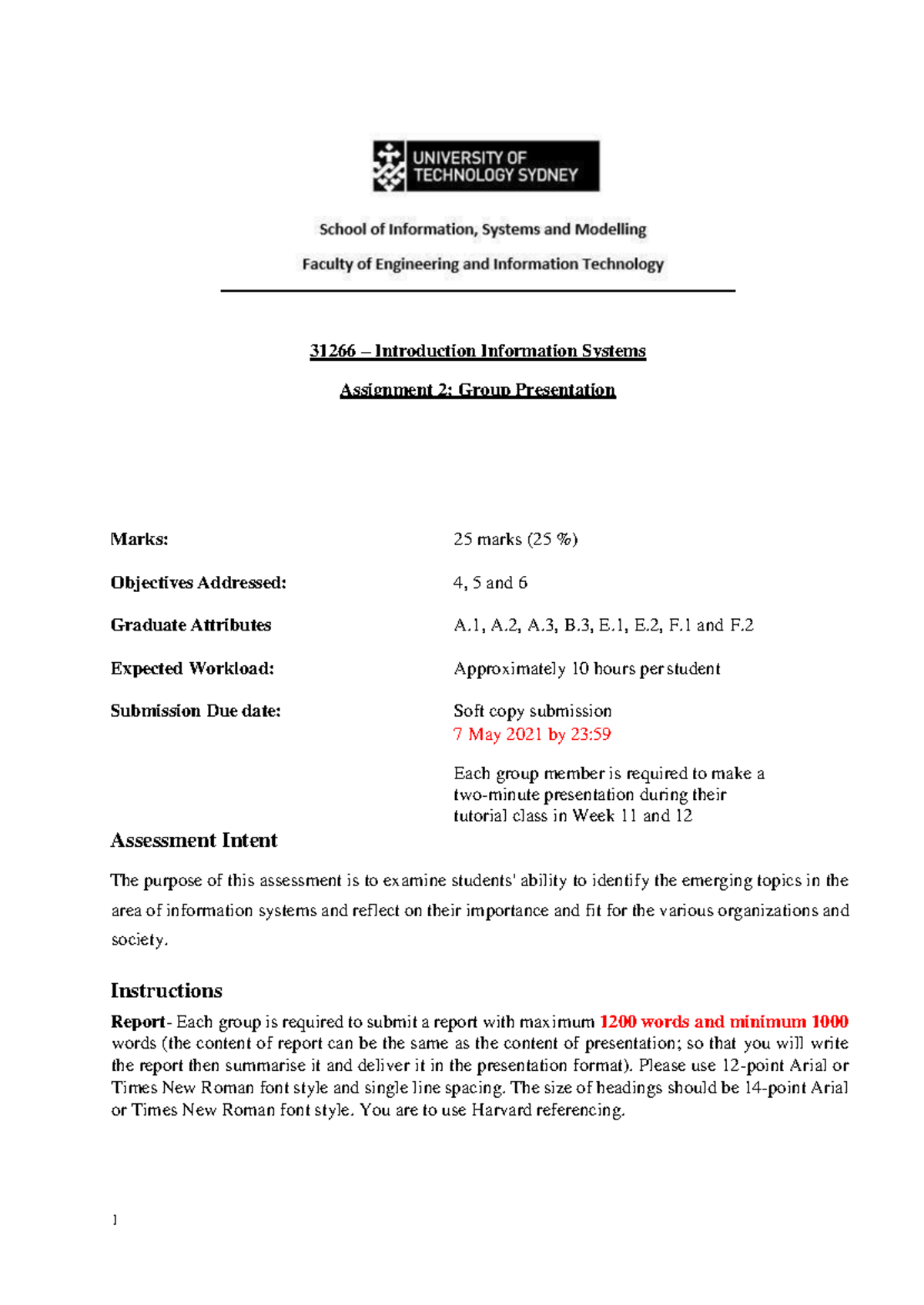 31266 Assignment 2 Guideline 2021-V3 - 31266 – Introduction Information Systems Assignment 2 ...