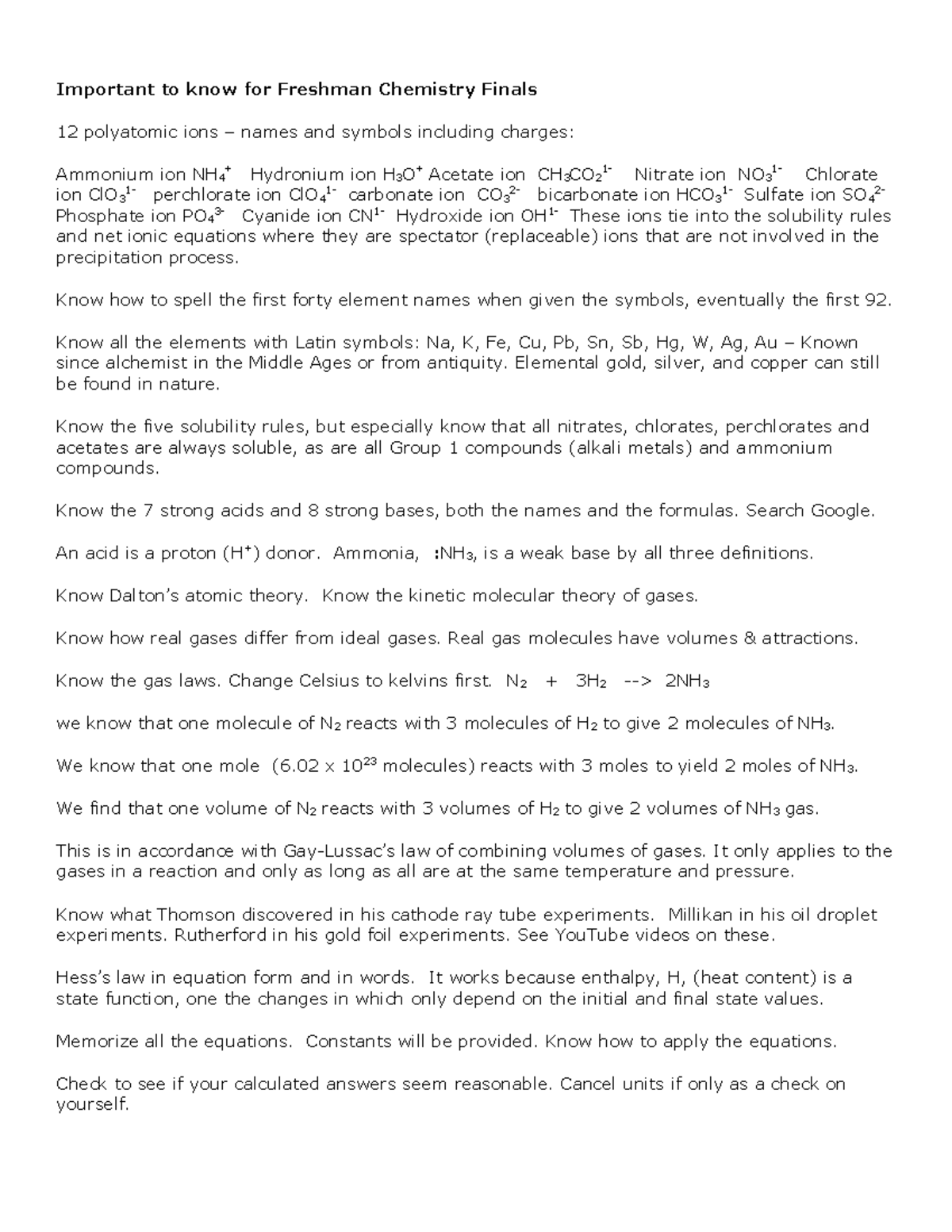 Important to Know Freshman chemistry - Important to know for Freshman ...