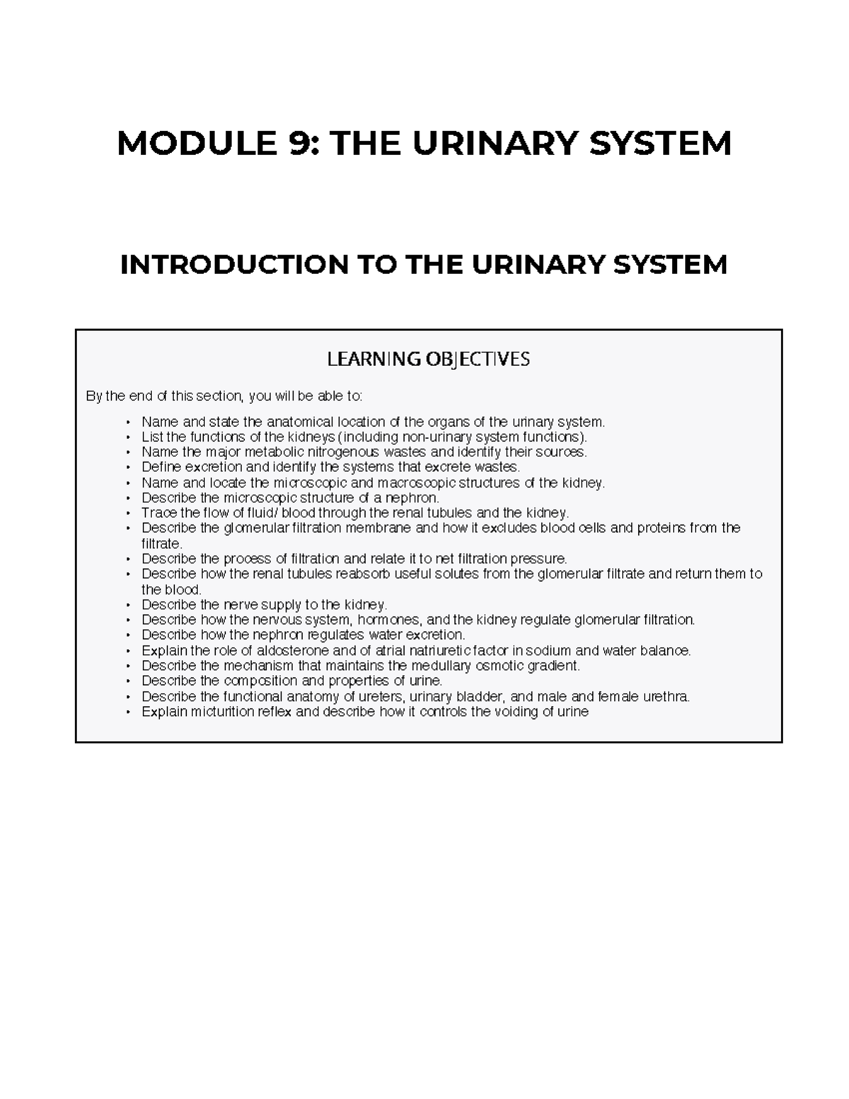 Module 9 - Urinary System - MODULE 9: THE URINARY SYSTEM INTRODUCTION ...