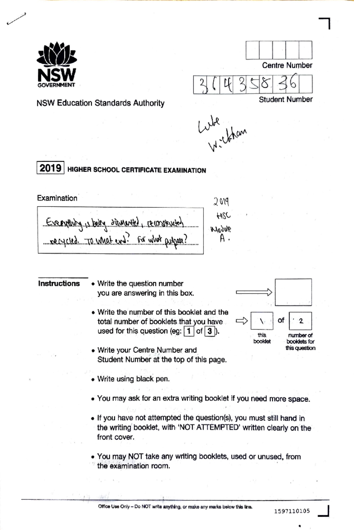 2019 HSC Module A - Centre Number NSW GOVERNMENT 36435836 Student ...
